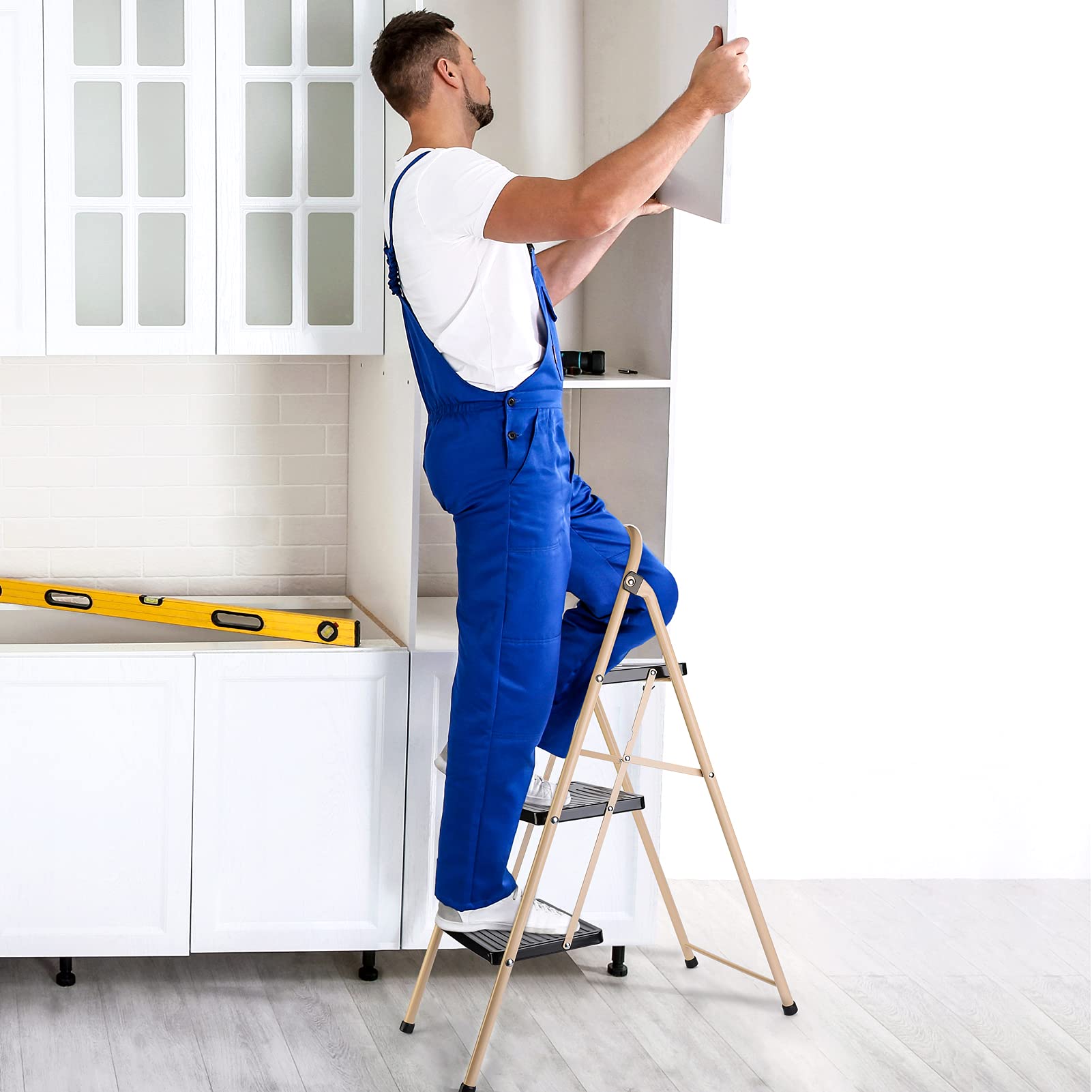 Delxo 3 Step Ladder Folding Step Stool 3 Step ladders with Handgrip Anti-Slip and Wide Pedal Sturdy Steel Ladder 330lbs White and Black Combo 3 Step Ladder