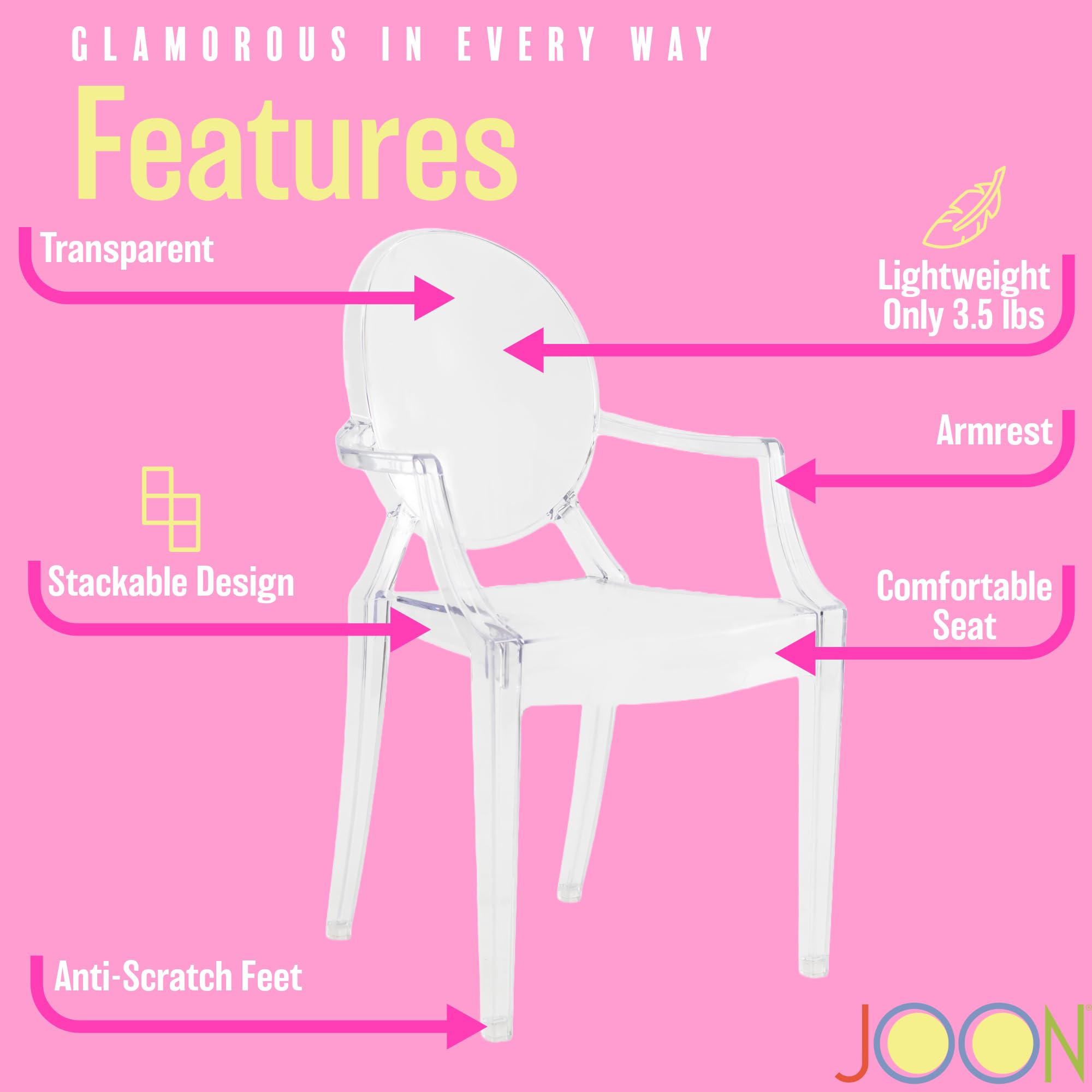 JOON 2 Pack Kids Ghost Chairs with Armrest Transparent, 25x13x14.5 Inches, Polycarbonate Material, 12.75β Seat Height, Stackable, for Toddler Parties, Playroom, Daycare, Home (Transparent Clear)
