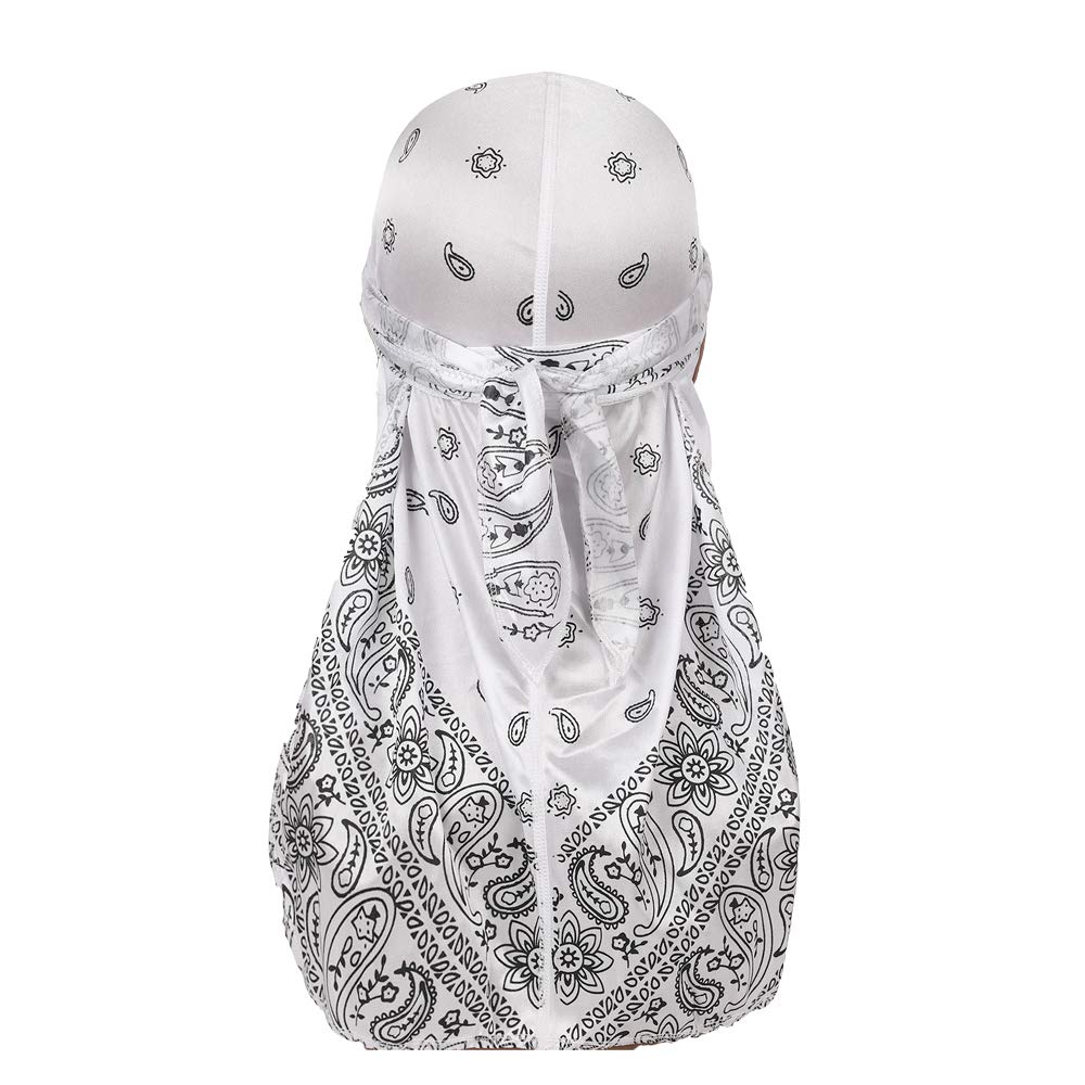 DINPREY Assorted Paisley Bandana Doo rag Cap Headwraps Men's Women's Silk Durag with Long Tail and Wide Straps for 360 Waves (Black,Navy bule,White)