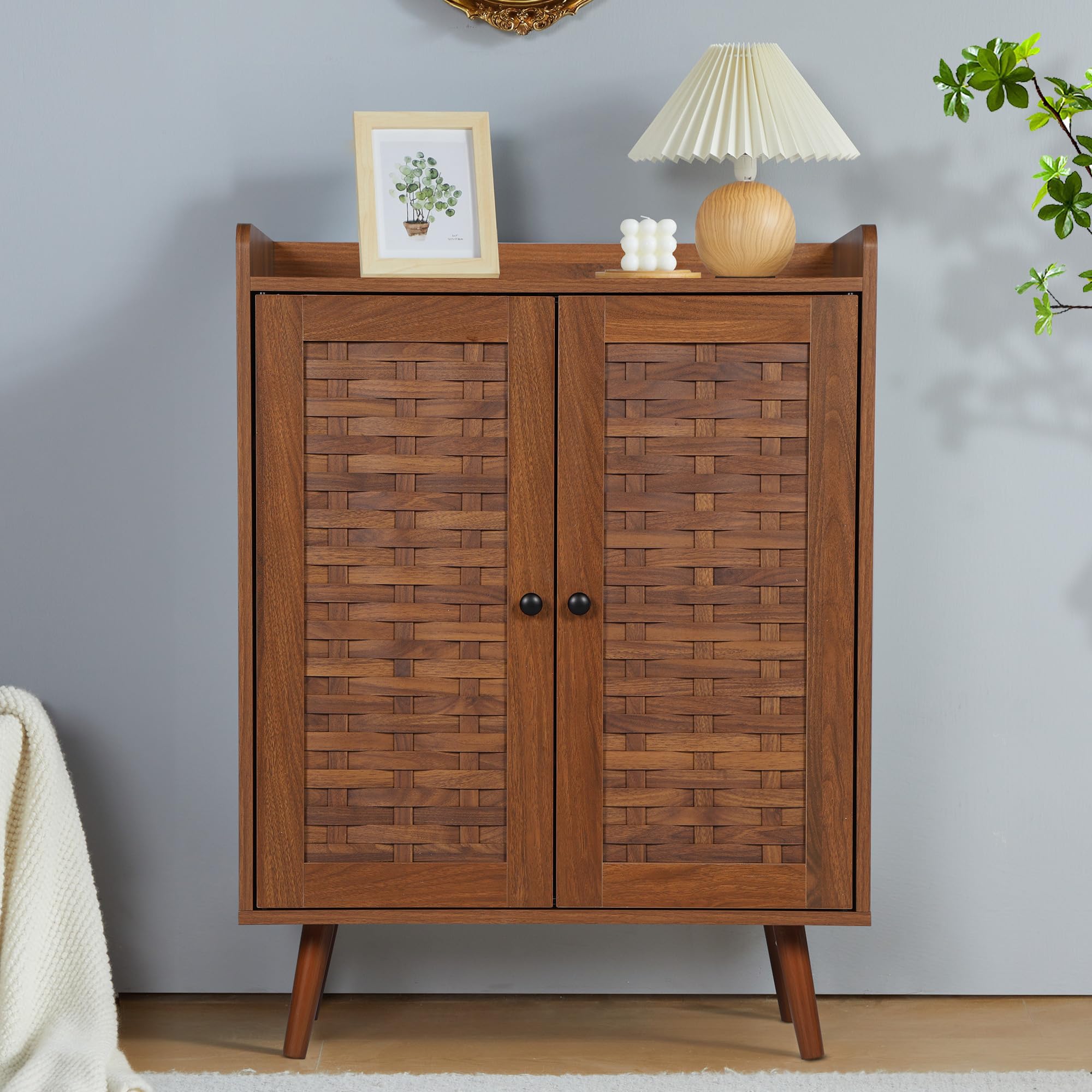 LEVNARY Shoe Storage Cabinet, 5-Tier Shoe Cabinet Storage Entryway with Adjustable Shelves, Wooden Storage Cabinet with Doors for Hallway Closet Living Room (Walnut)