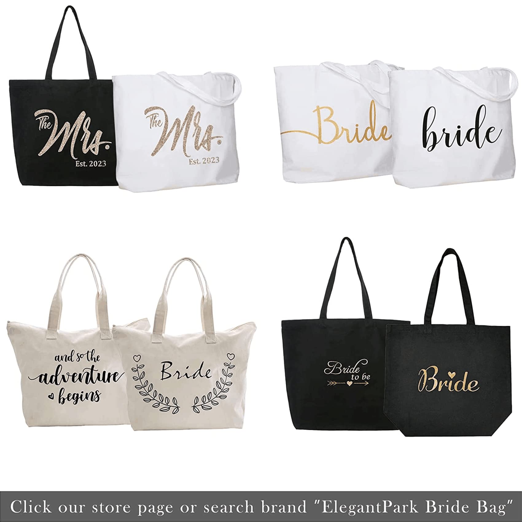 ELEGANTPARK Bride Jumbo Tote Bag Wedding Bridal Shower Gifts Canvas 100% Cotton Interior Pocket White with Black Script