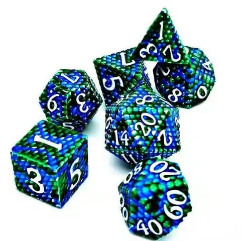 Full 7-e Set Breathtaking Dragon Scale Dice. Textured Solid METALDnD Dice. Coated for Extra Durable and Surface Protection (DK Green, Red)