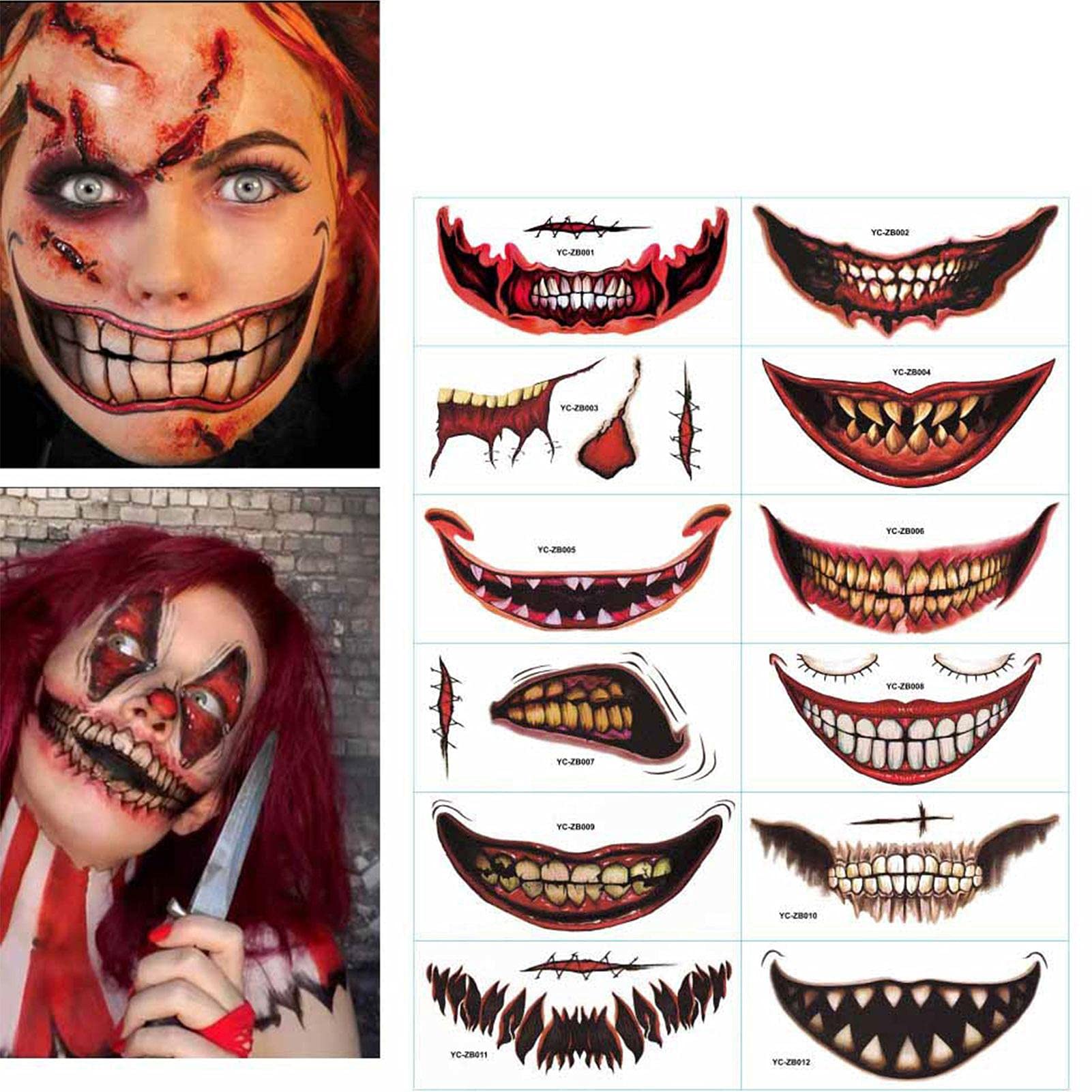 FEBUD 12PCS Halloween Clown Horror Mouth Tattoo Stickers Temporary Tattoos Face Decals Prank Props for Halloween Cosplay Party Decorations