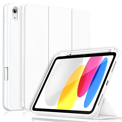Gahwa iPad 10th Generation Case 10.9 Inch 2022, Slim Tri-fold Stand Soft TPU Back with Pencil Holder for iPad 10 Case - Support Touch ID, Auto Sleep/Wake(White)