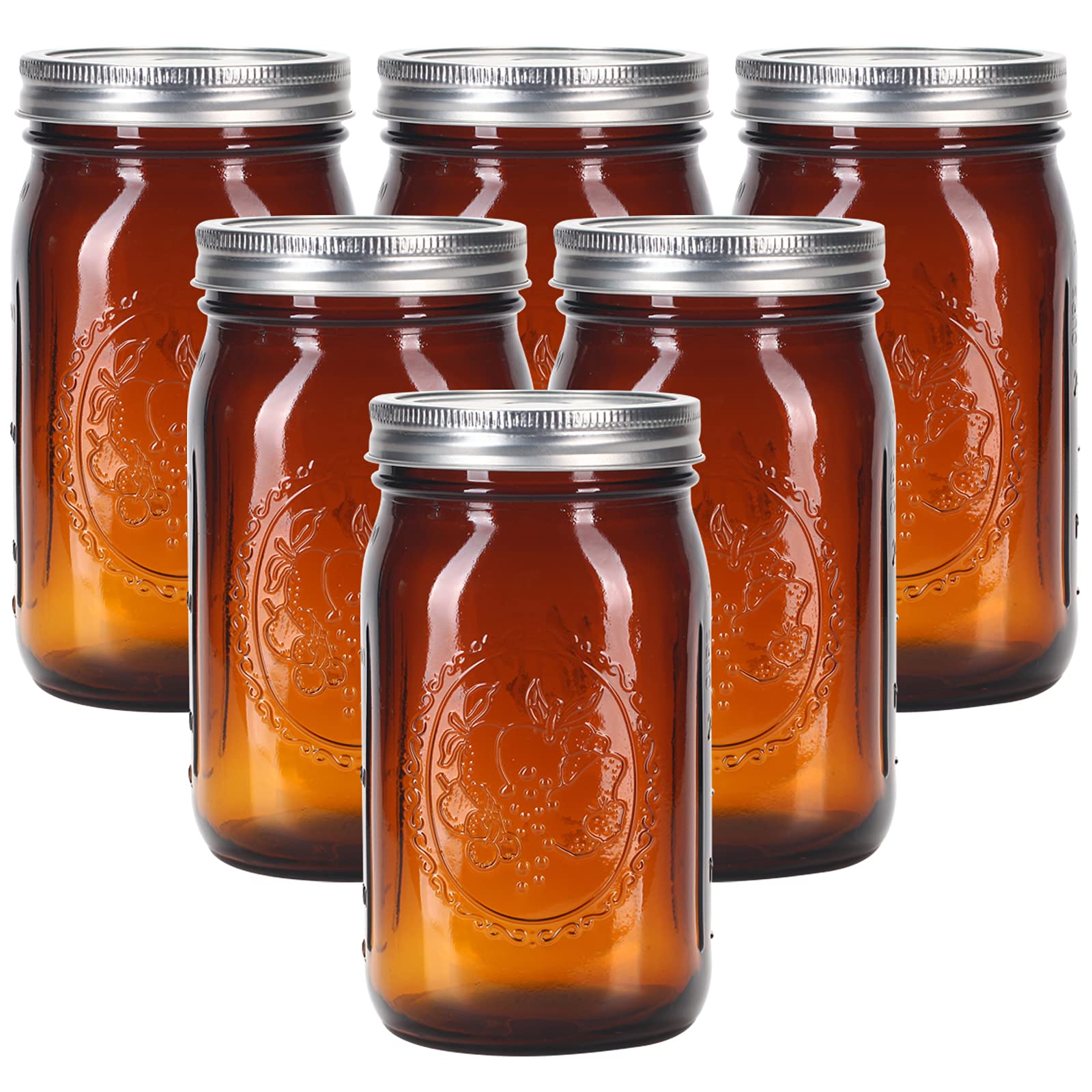 eleganttime Amber Glass Mason Jars 32 oz Wide Mouth with Airtight Lids and Bands 6 Pack Large Glass Canning Mason Jars Quart,Great for Canning Jar Pickle Fermenting Jam Jar