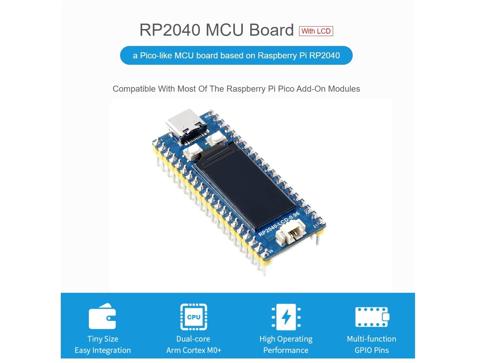 RP2040-LCD-0.96-M Mini Board High-Performance Pico-Like MCU Board with Pre-Soldered Header Based on Raspberry Pi Microcontroller RP2040,Onboard 0.96 inch LCD,USB-C Connector,Low-Cost