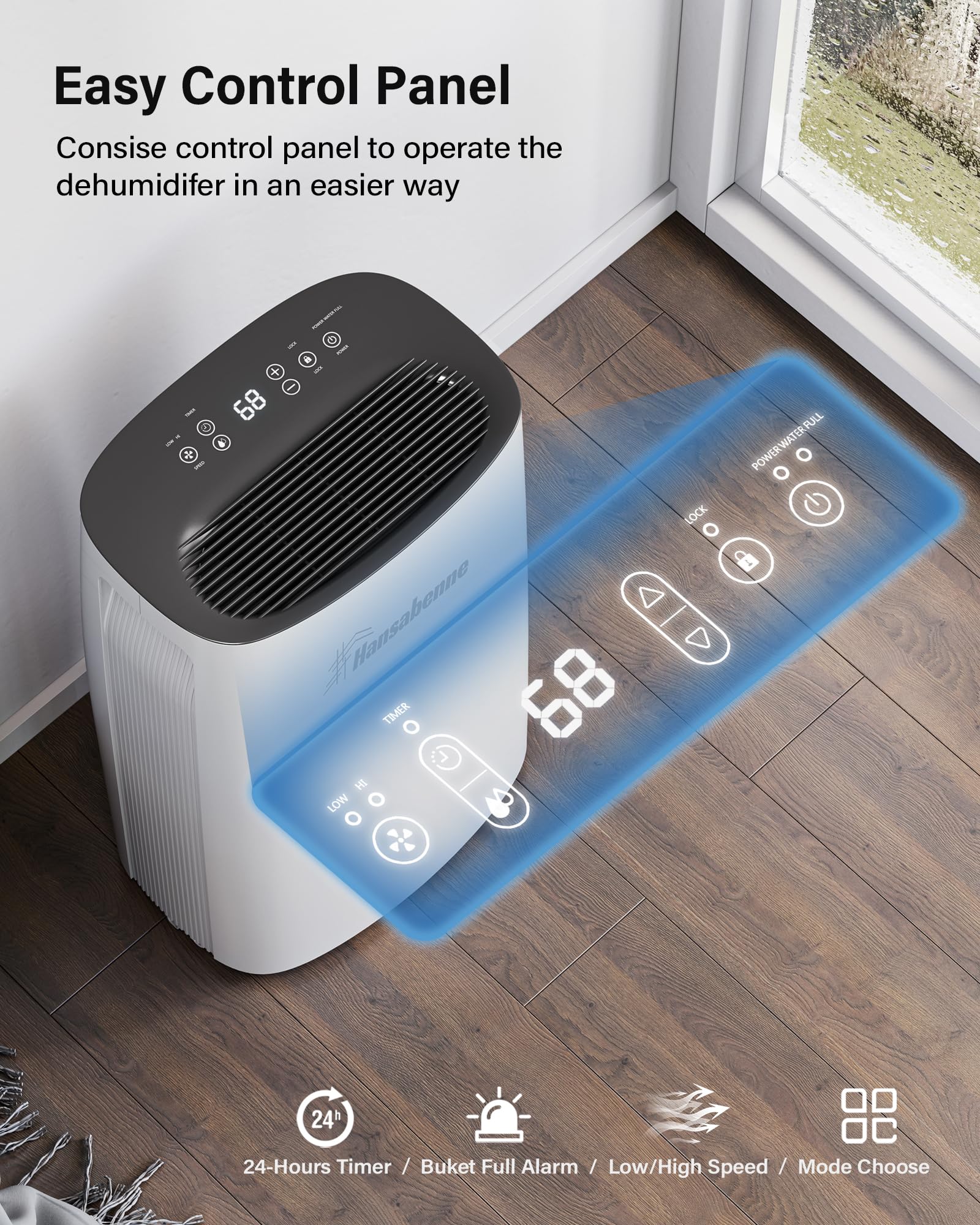 Hansabenne 70-Pints Dehumidifier for Basements - 4500 Sq. Ft. Dehumidifier with Auto or Manual Drainage - Compact Dehumidifier with Intelligent Humidity Control | Auto Defrost | Dry Clothes for Home