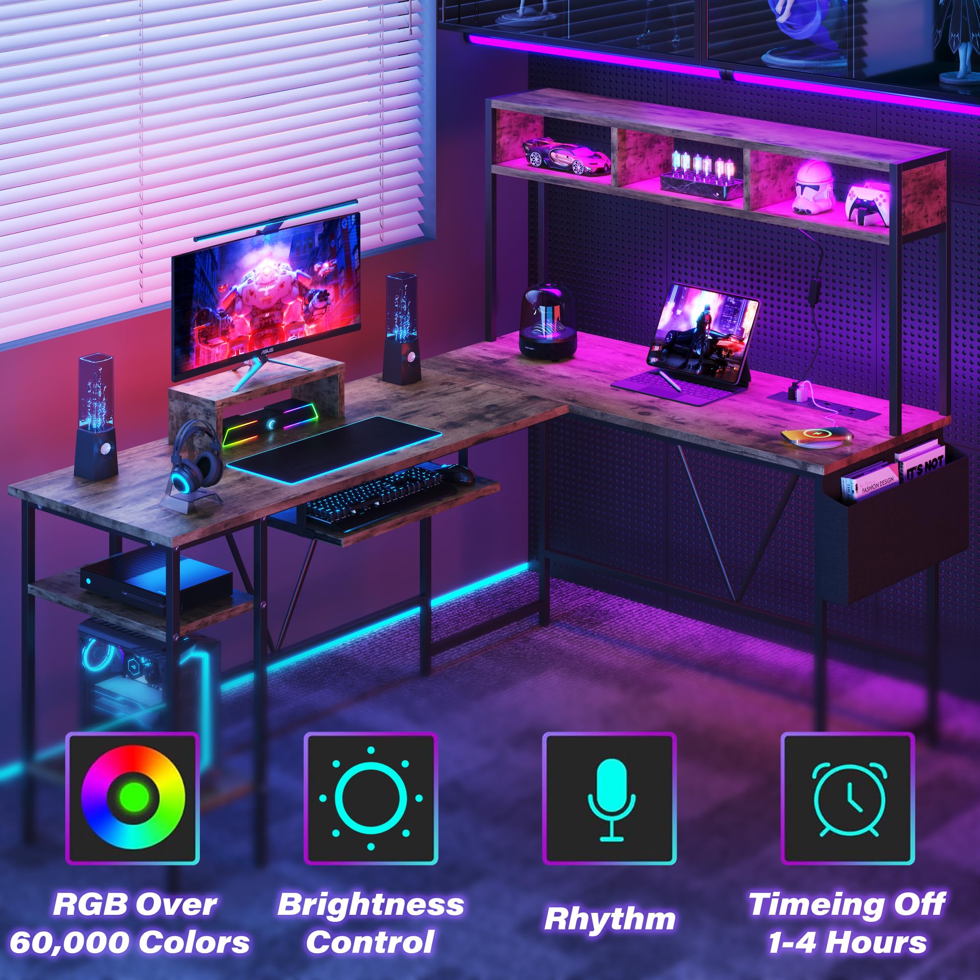 Furmax L Shaped Gaming Desk with LED Lights&Power Outlet, Reversible Corner Computer PC Desk Table with Storage Shelves, Keyboard Tray, Monitor Stand Home Office Gaming Working Studying (Rustic Brown)