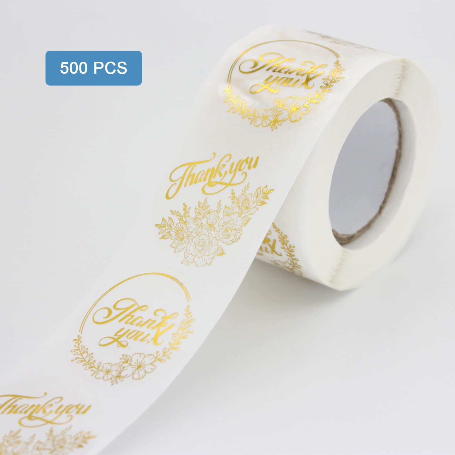 Gold Foil Thank You Stickers Roll for Small Business 500 Pcs Round Clear Wedding Stickers 2 Designs Glitter Flowers Seal Stickers Labels 1.5 Inch