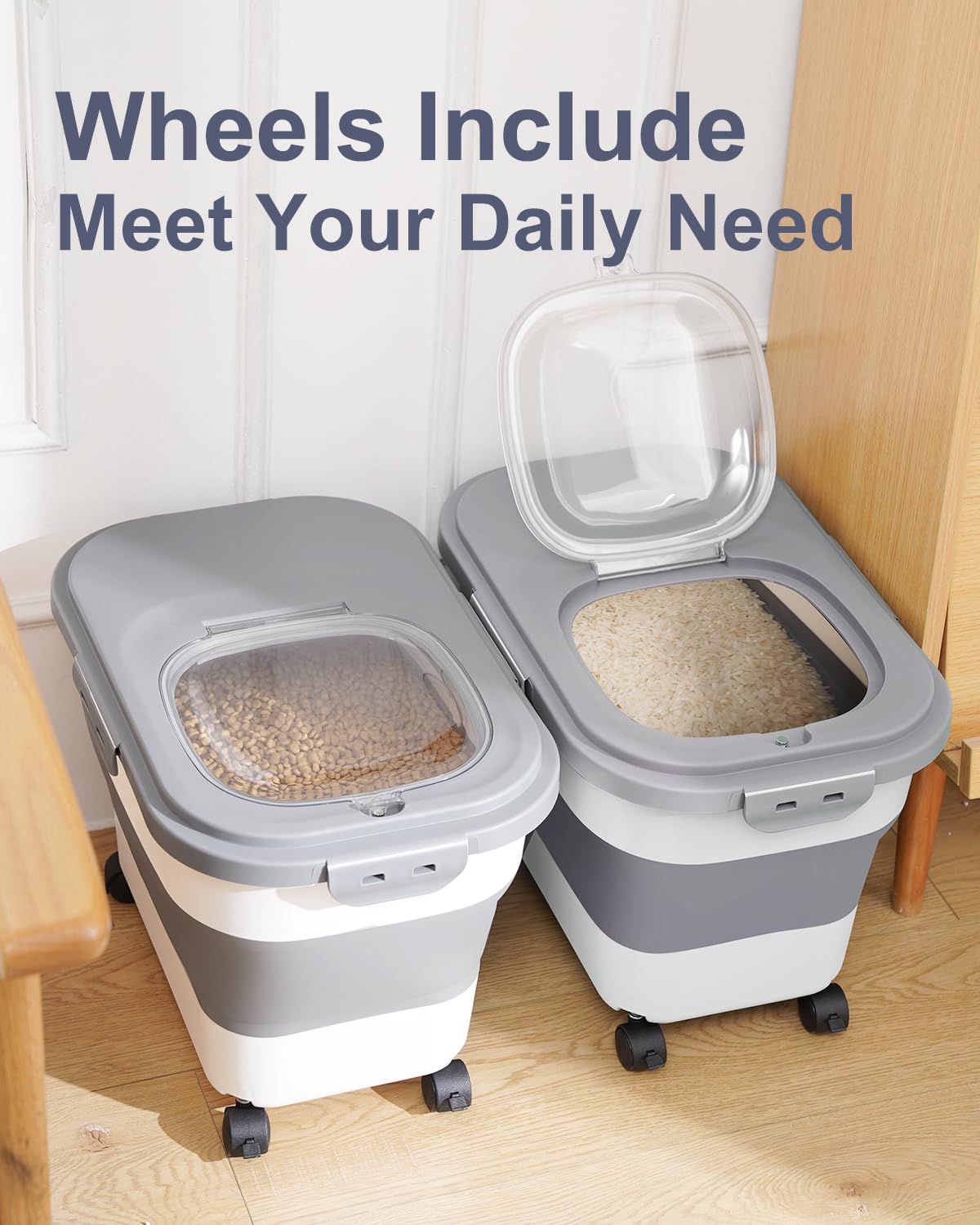 DDMOMMY 20-30Lbs Rice Storage Container,Collapsible Food Storage Containers with Rolling Wheel Airtight Locking Lid,Flour Storage Container with Cup and Scoop,Suitable for Food,Rice,Pet Food,Flour