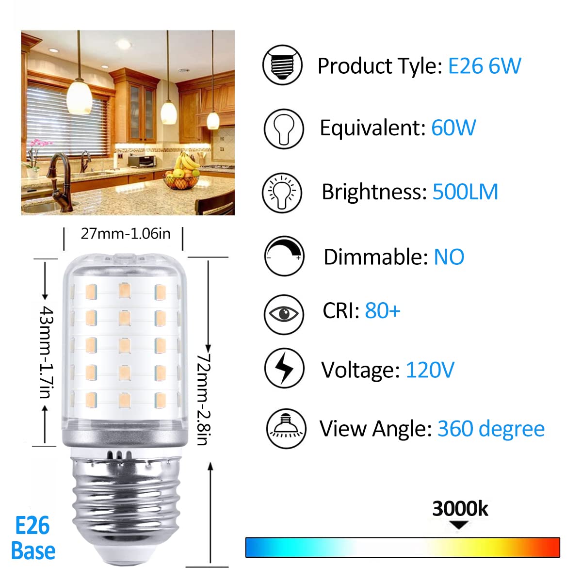 E26 LED Refrigerator Fridge Light Bulb, E26 Base Candelabra 6W LED Light Bulbs 60W Equivalent 500LM, E26 LED Chandelier Corn Light Bulbs Daylight White 6000K 120V, Non-Dimmable (2, White)