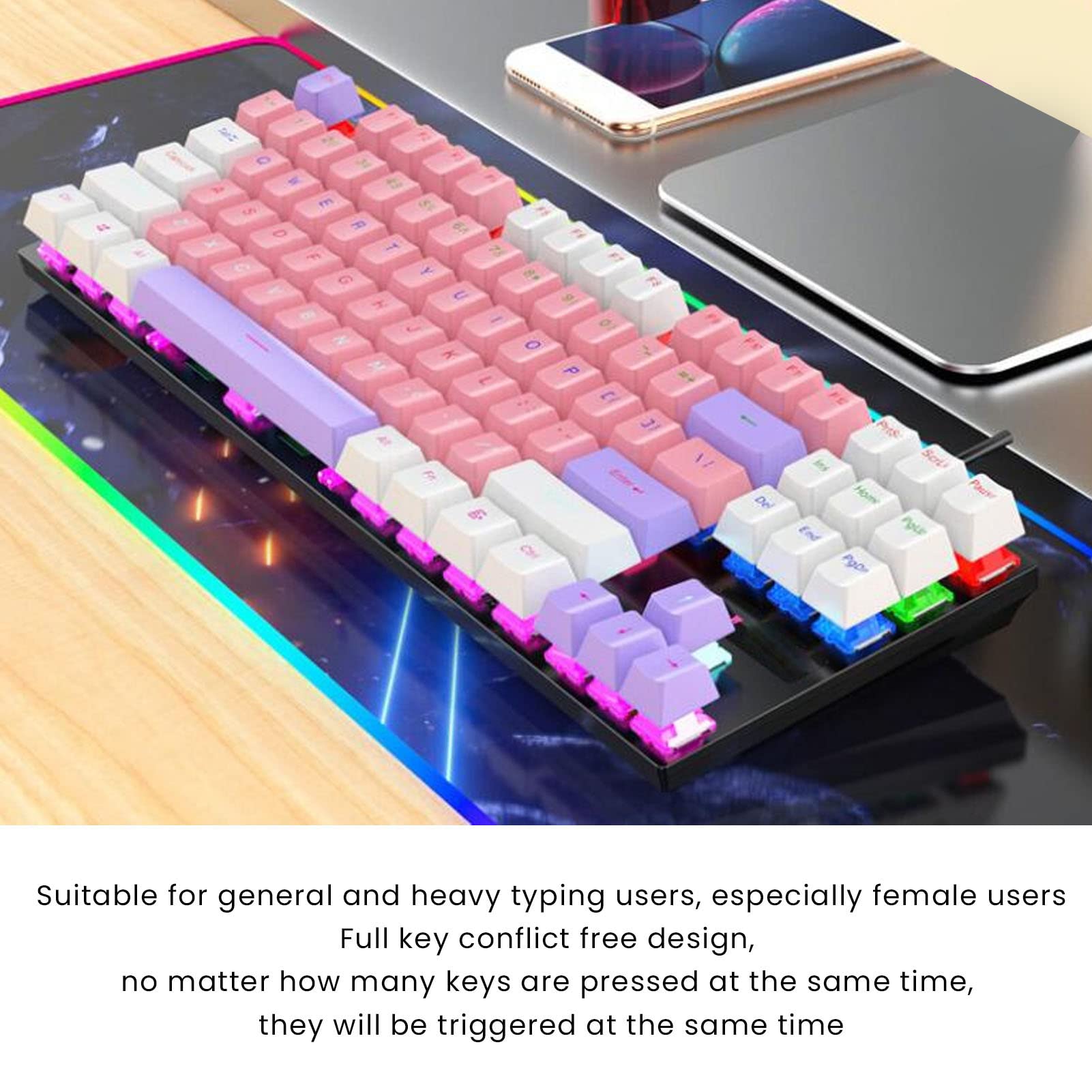 GOWENIC Mechanical Keyboard, 87 Keys Compact Full Key Mechanical Gaming Keyboard with RGB Backlit, Red Switch, Waterproof, for PC Laptop, for Windows (Pink)