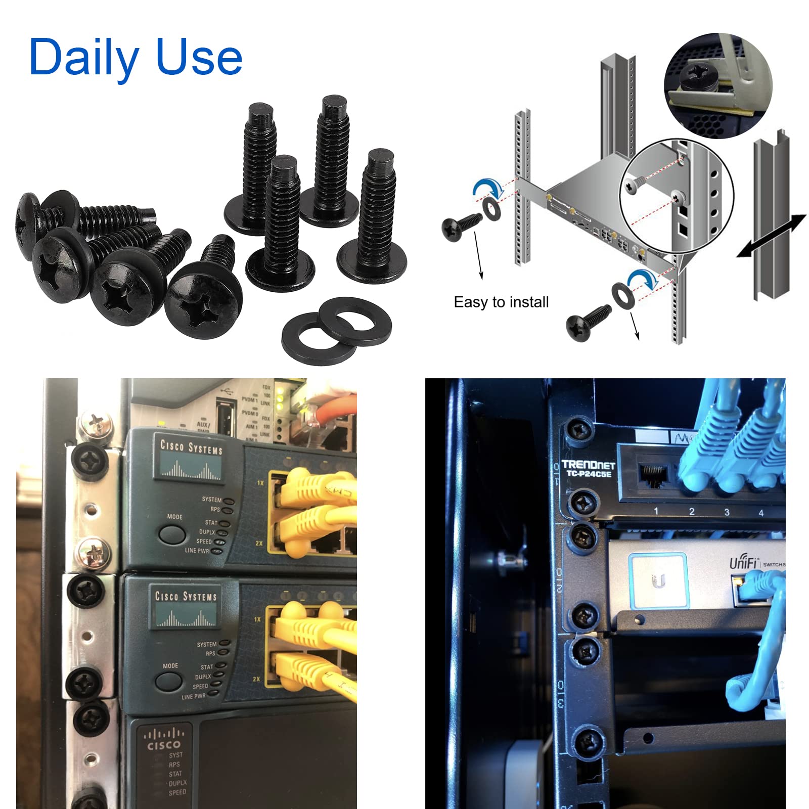 HanTof 10/32 Rack Screws and Nylon Washers,60 Sets Rack Mount Screws for Recording Studios,Audio and Network Equipment Server Rack Rails,Enclosure and Cabinets.Carbon Steel,Rust Resistant Black Zinc.