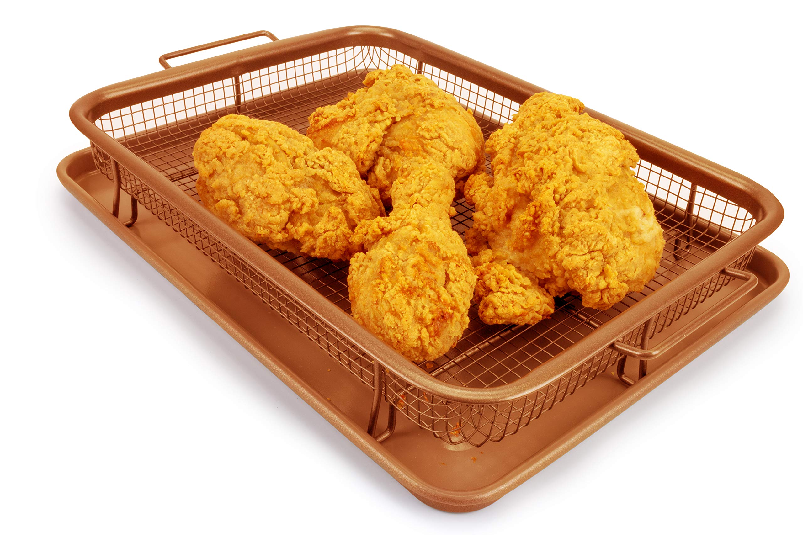 EaZy MealZ Crisping Basket & Tray Set | Air Fry Crisper Basket | Tray & Grease Catcher | Even Cooking | Non-Stick | Healthy Cooking (9.5" x 13", Copper)