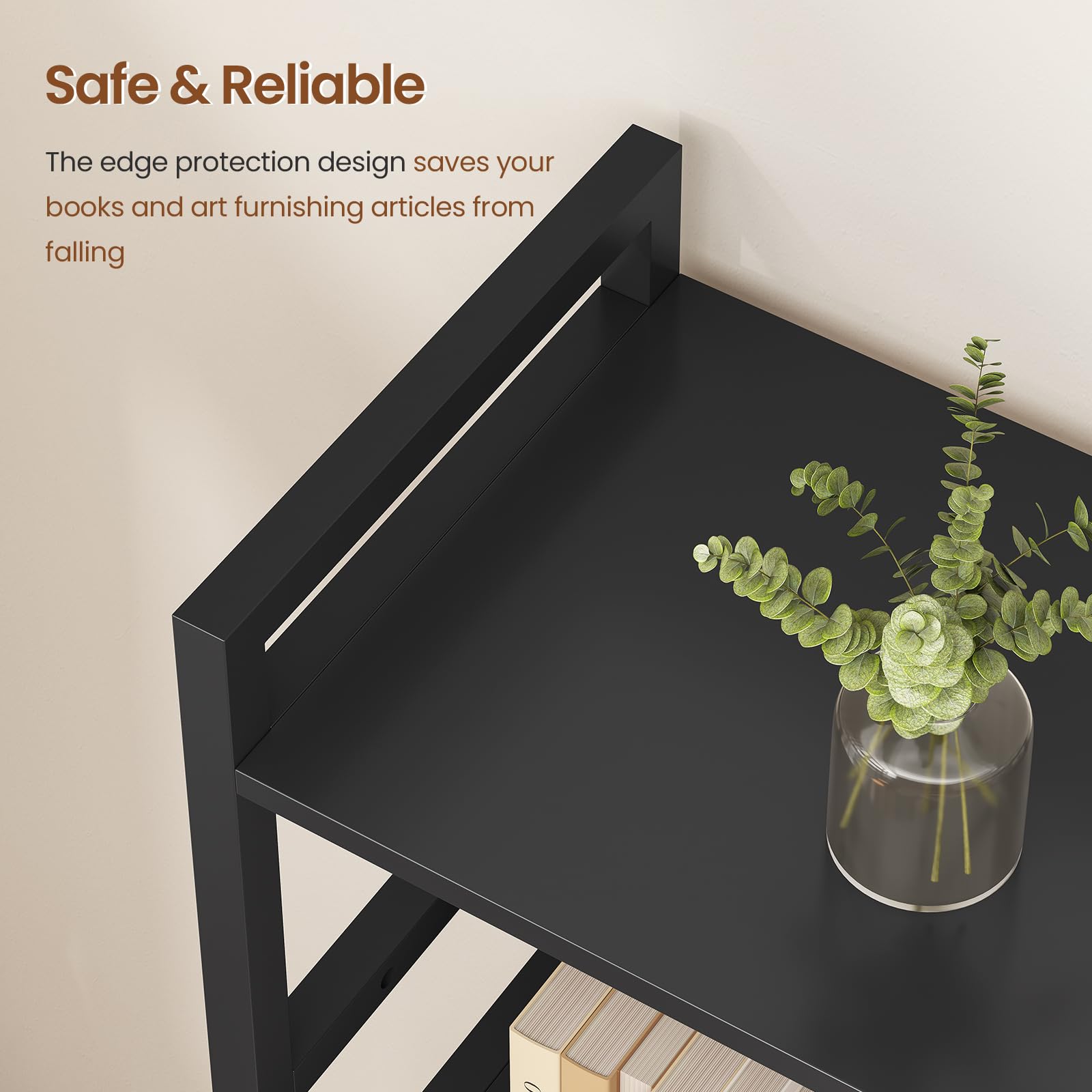 Itaar Triple 4 Tier Bookshelf with Drawers, Bookcase with Open Display Shelves, Industrial Wide Book Shelf with Metal Frame for Living Room, Office, Kitchen, Black