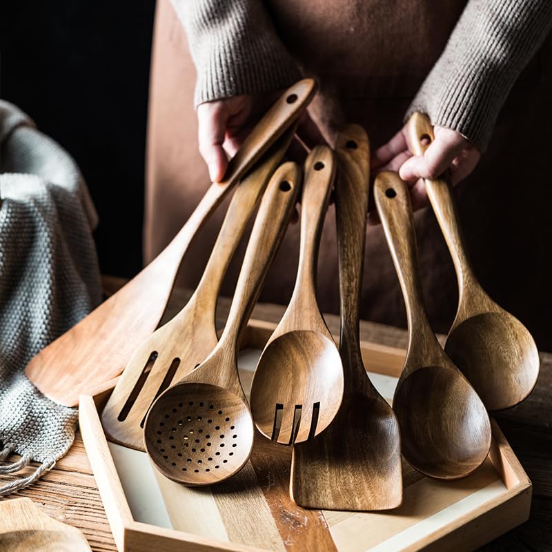Deluxe Wooden Cooking Utensils Set of 9 - Complete Kitchen Utensils for Cooking with Storage Box & Spoon Holder - Durable and Nonstick Natural Wood Cookware-Wood Cooking Tools (Silver)