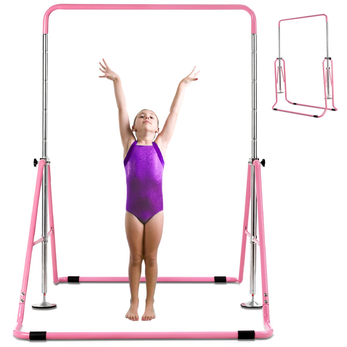 Costzon Expandable Gymnastics Training Bar, Folding Gymnastics Bar with Triangular Structure, 3 to 4.5 FT Height Adjustable Junior Horizontal Kip Bar, Training Monkey Bars for Kids Gymnasts (Pink)