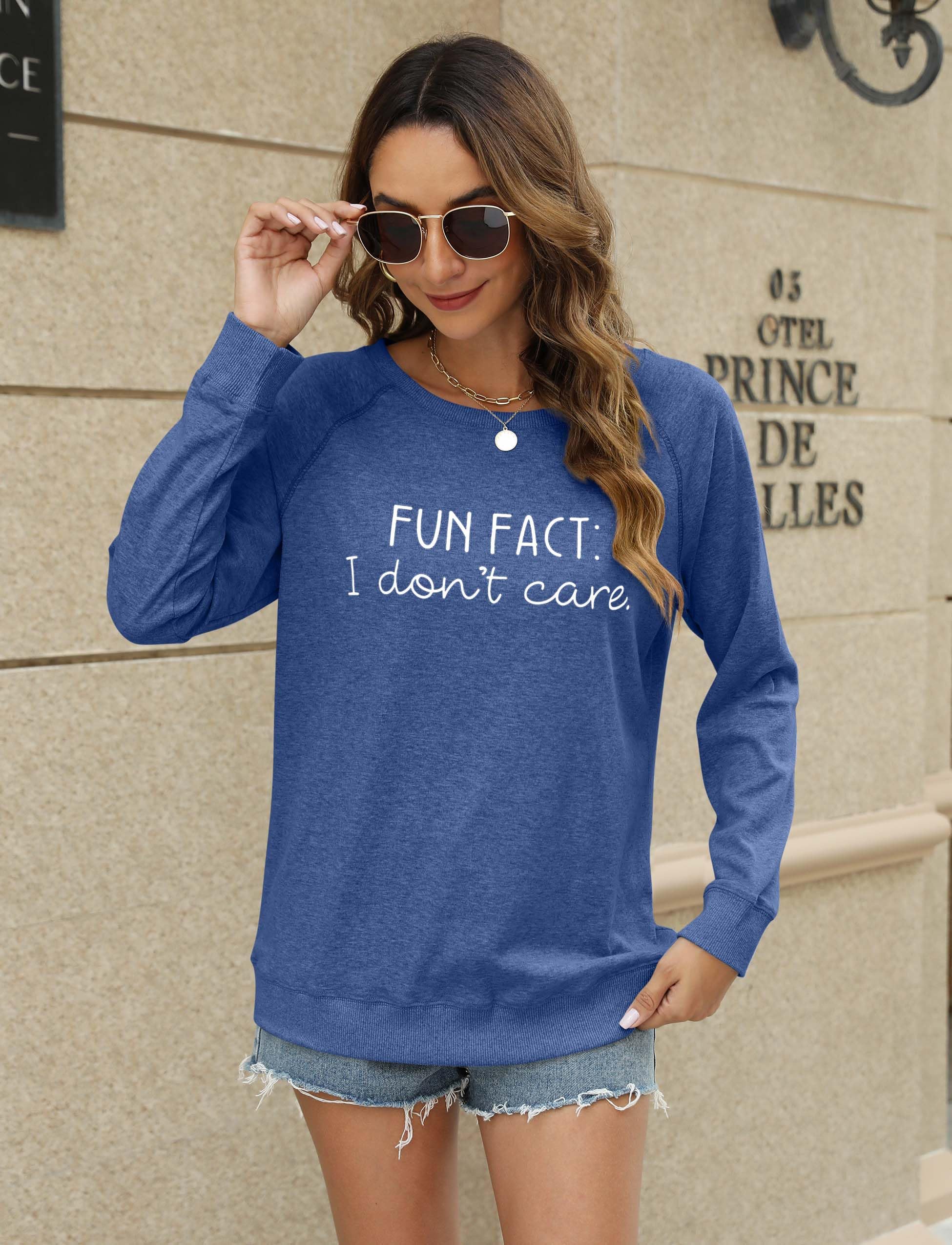 EADINVE "FUN FACT: I don't care Letter Print Women's Crewneck Sweatshirt Raglan Long Sleeve Casual Pullover Tops Blue Medium