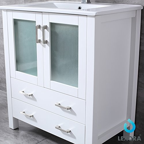 Lexora Volez 30 in W x 18.25 in D White Bath Vanity, White Ceramic Top and 28 in Mirror