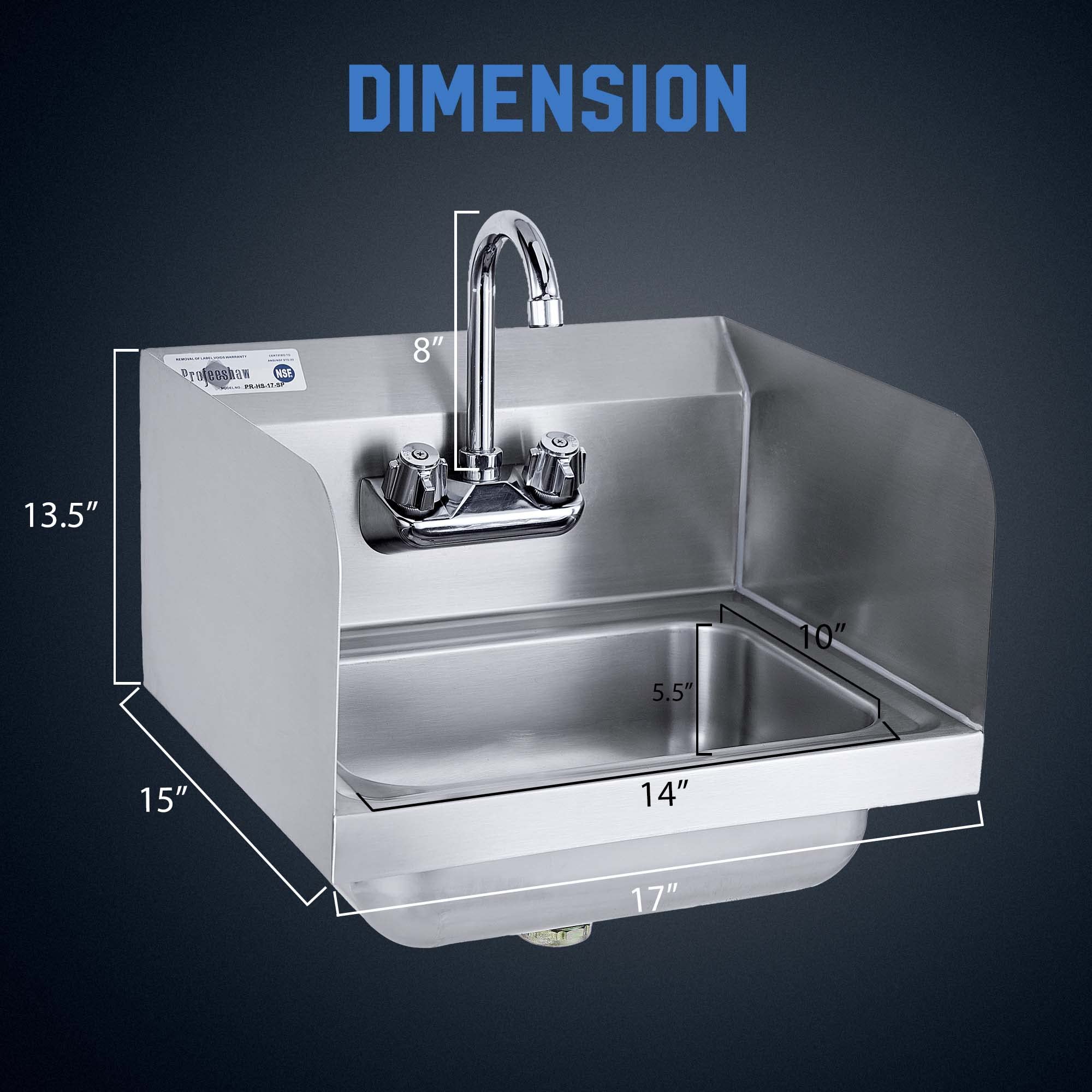 Profeeshaw Stainless Steel Sink Commercial Wall Mount Hand Washing Basin NSF Certified, with Gooseneck Faucet and Side Splash Guard, for Restaurants, Stores, Bars and Home, 17" x 15" …