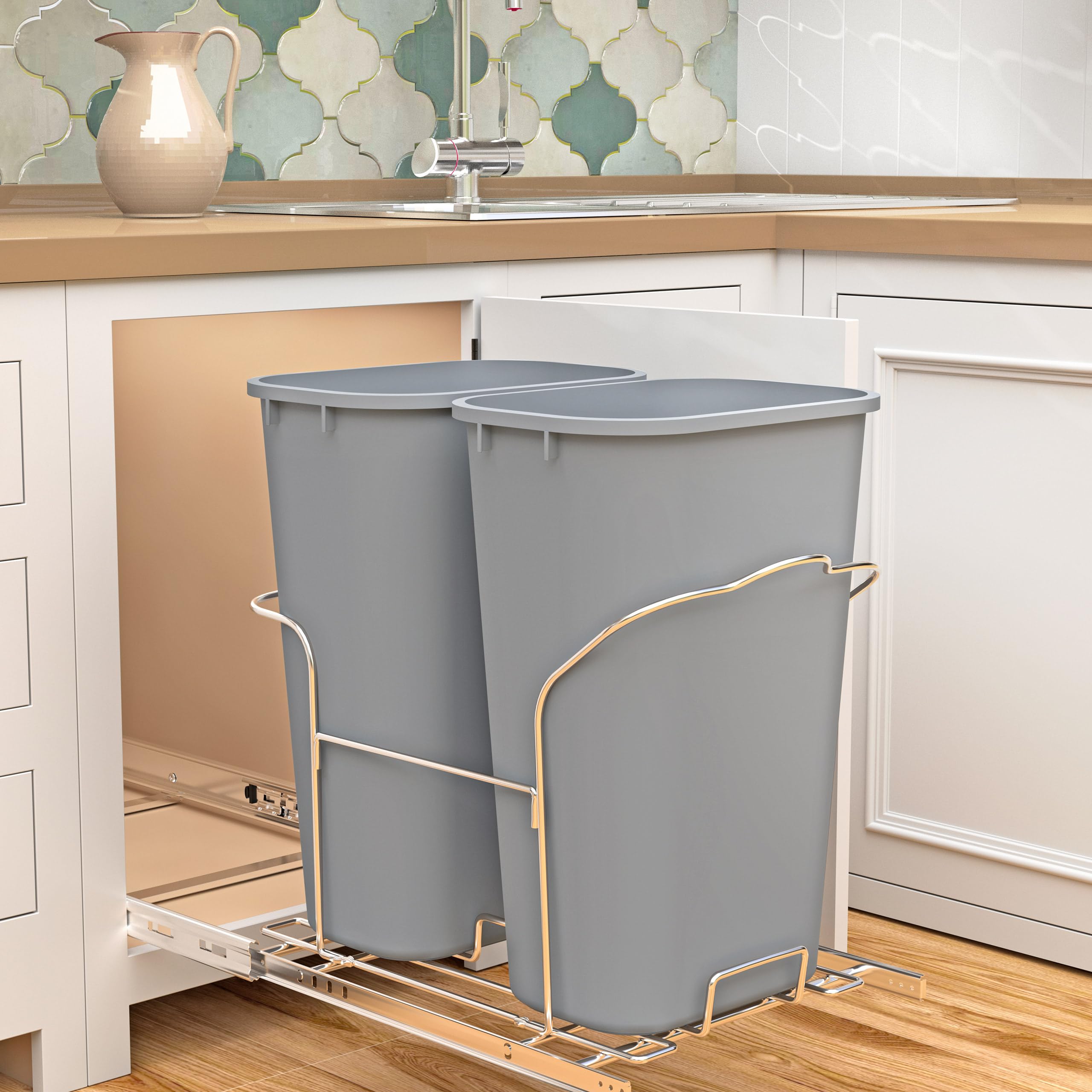 JOWBOOW Double Trash Can Cabinet Pull Out, 2 x 35L (18.5 Gallon) Soft Close Pull Out Trash Can Under Counter Garbage Can Slide Out for Under Cabinet, Grey