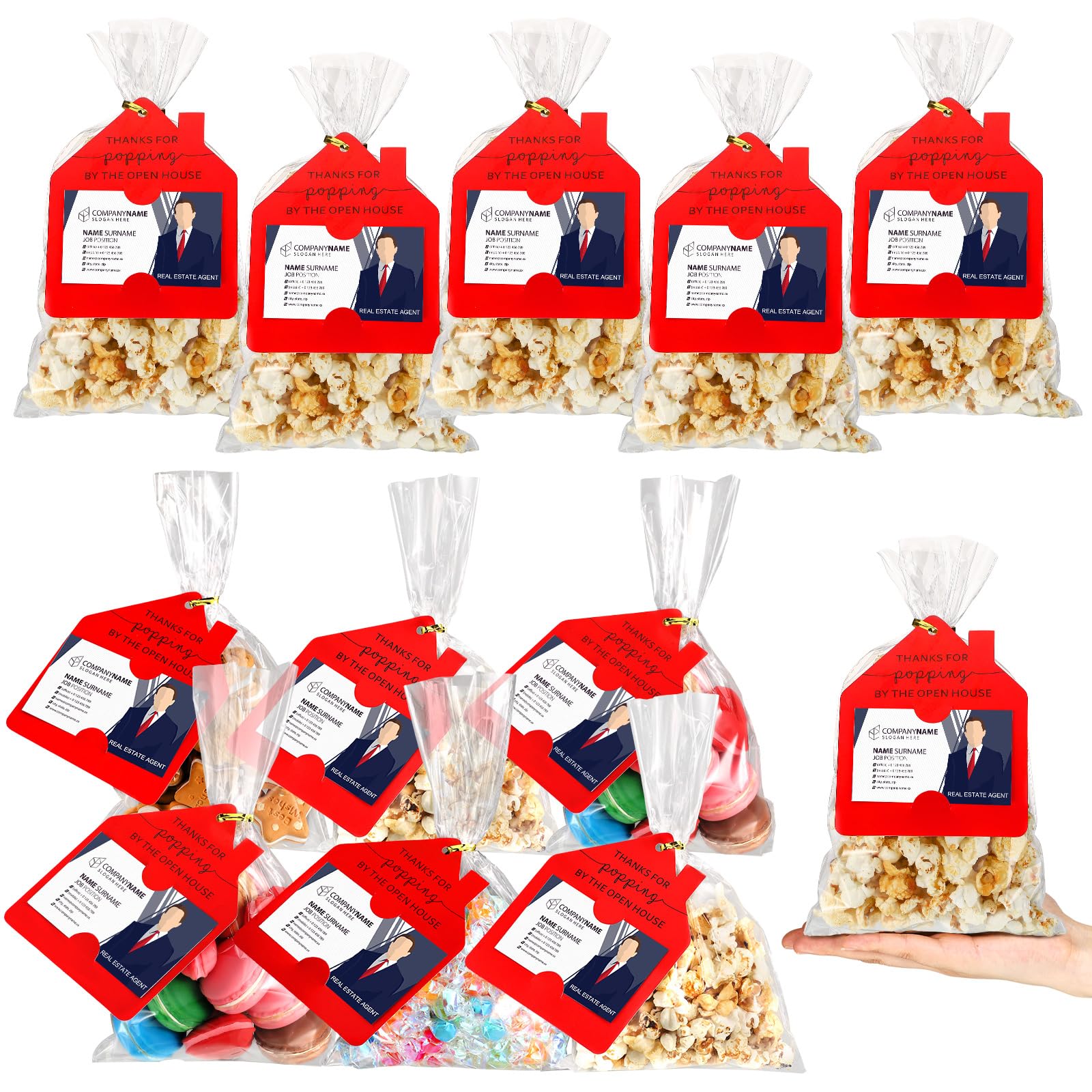 Hoolerry 100 Set Open House Popcorn Bag with Tag Thanks Open House Tag Business Card House Shaped Paper Gift Tag Popcorn Candy Biscuits Bag for Estate Agent Favors Supplies (Red Color)