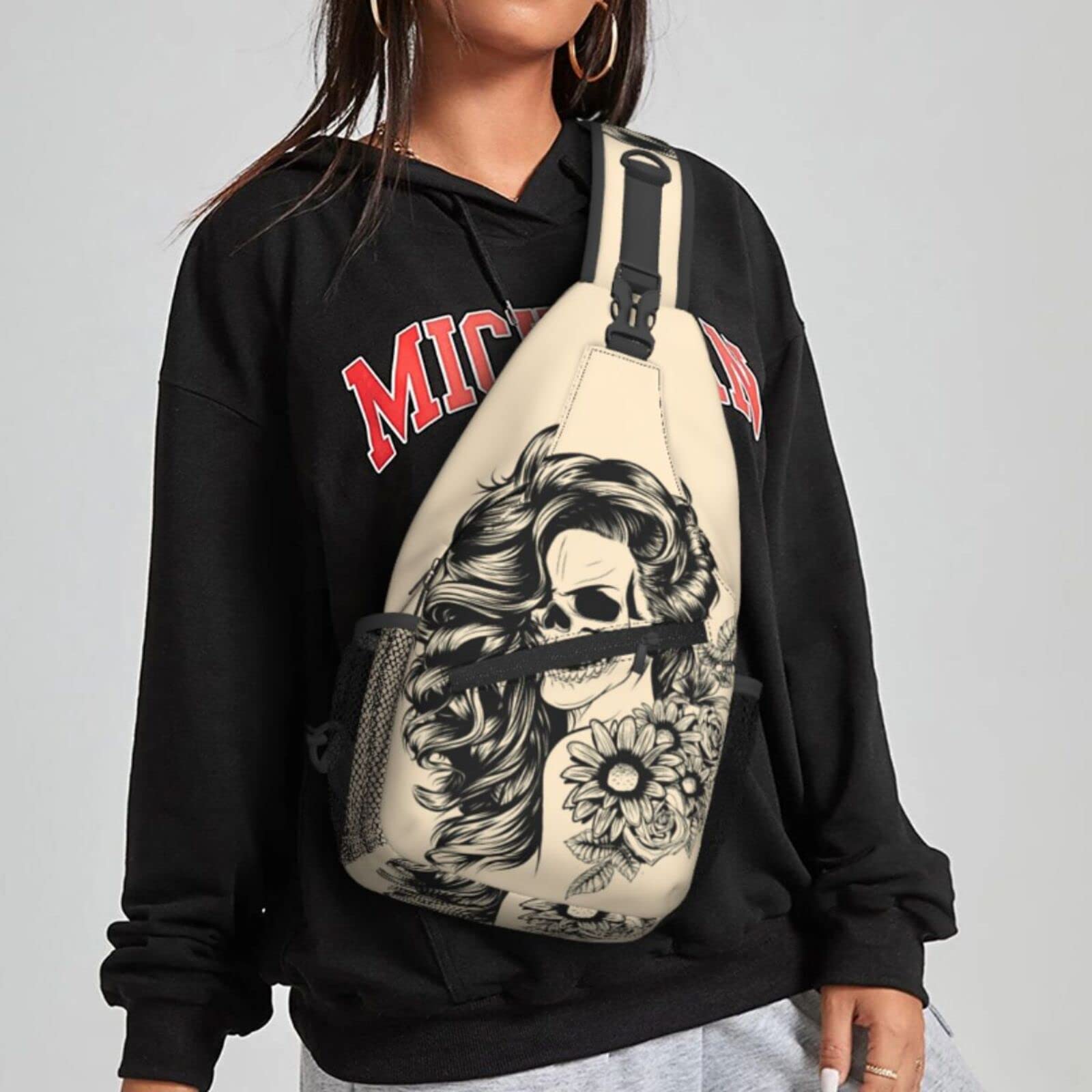 FeHuew Women Girl Skeleton Makeup Rose Skull Crossbody Sling Backpack for Men Chest Bag Shoulder Bag Lightweight One Strap Backpack Travel Outdoor Daypack