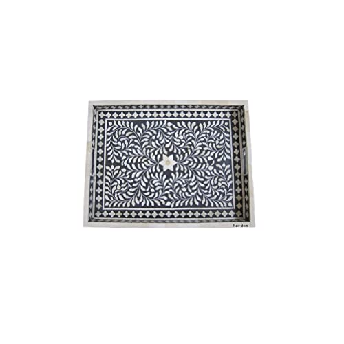 Exquisite Handcrafted Antique Bone Inlay Serving Tray - Decorative Wooden Platter in Elegant Black | Artisan Ottoman Tray for Home Decor and Breakfast in Bed - Fairdeal Handicrafts