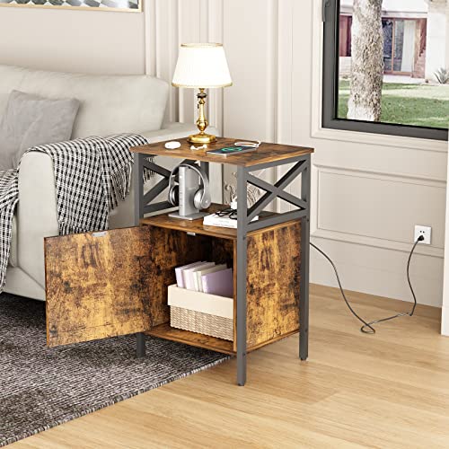 LDTTCUK Side Table with Charging Station, End Table with Power Outlet & USB Ports, Nightstand with 2 Tiers Storage Space and Storage Cabinet, Sofa Side Tables for Bedroom, Living Room,Office,Brown