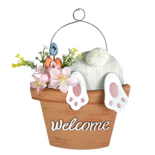 HOMirable Easter Sign Welcome Bucket Bunny Wall Decor Farmhouse Rabbit Decorations for Home Rustic Wooden Hanging Sign Funny Bunny Decor for Front Door Garden Yard Indoor Outdoor Holiday