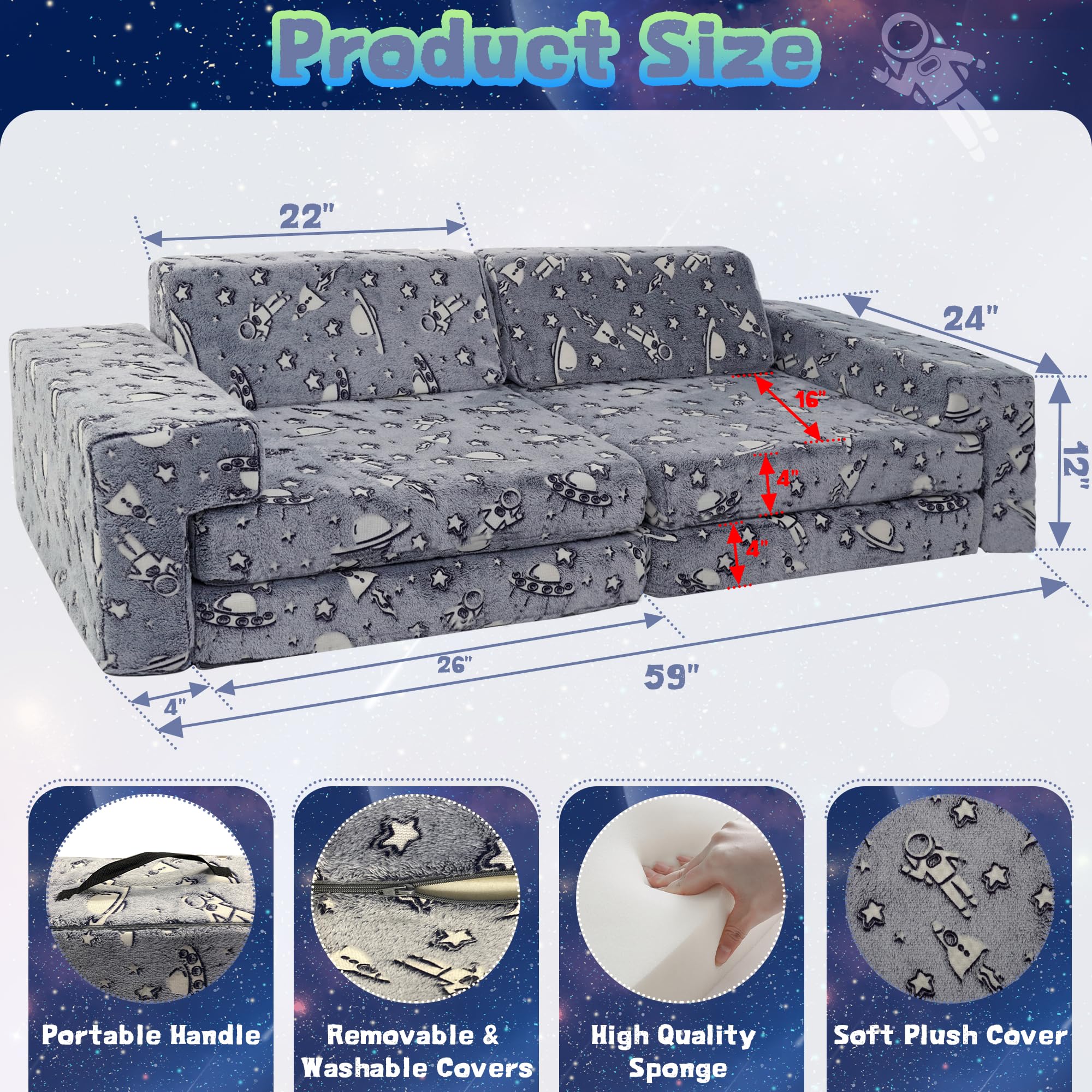 LFCREATOR Kids Play Couch, Modular Toddler Glow Sofa for Playroom Bedroom,Imaginative Convertible Play Couch for Boys Girls.Gift for Kids.Spaceman