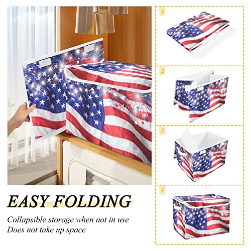 innewgogo American Flag Firework Storage Bins with Lids for Organizing Large Collapsible Storage Bins with Handles Oxford Cloth Storage Cube Box for Car