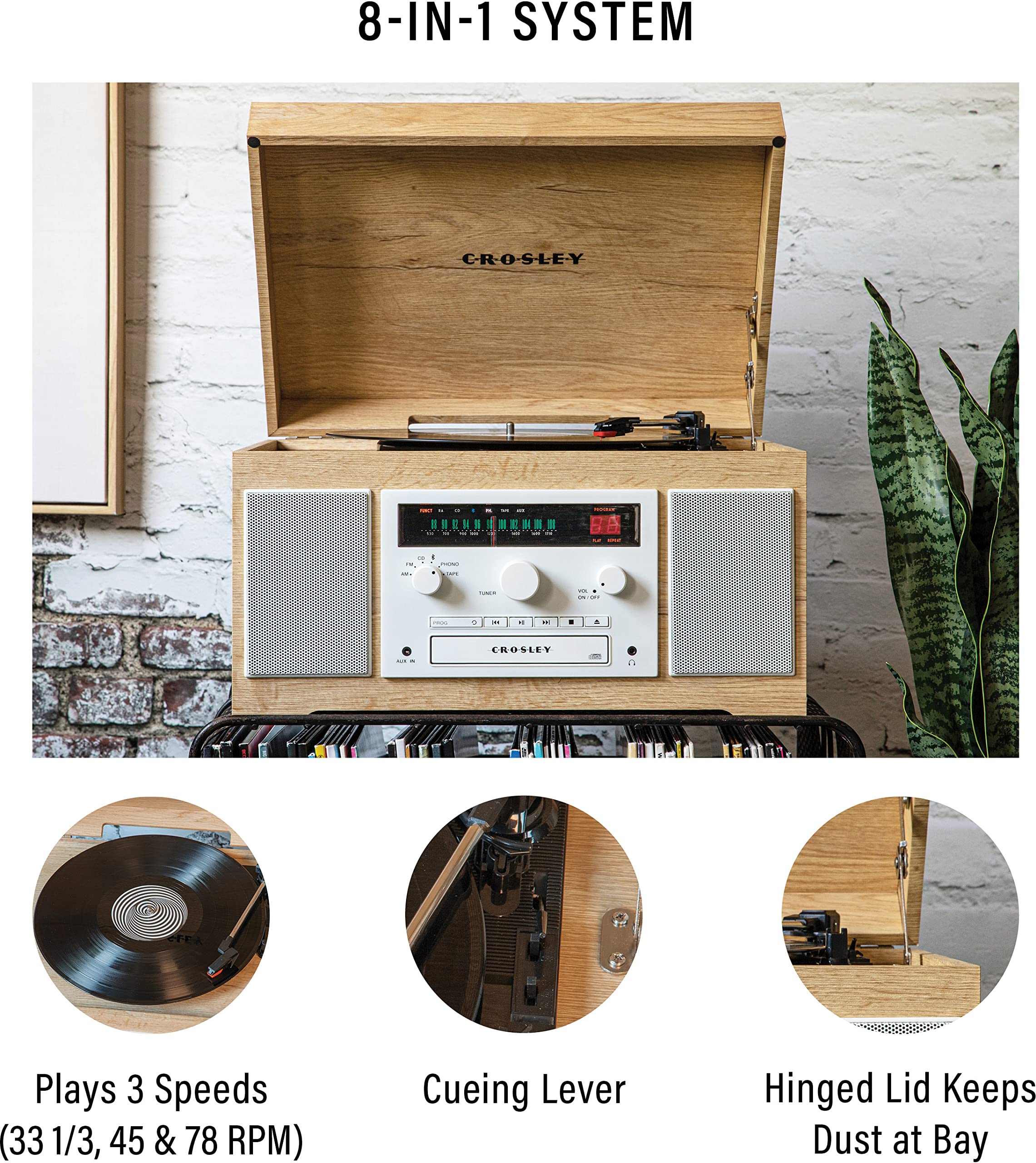 Crosley CR7018A-NA Haydn 3-Speed Turntable with Bluetooth, AM/FM Radio, CD/Cassette Player, and Aux-in, Natural
