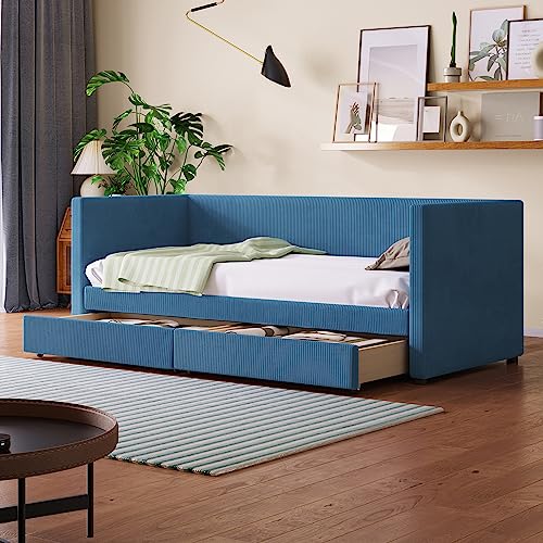 Merax Twin Size Corduroy Daybed with Two Drawers and Wood Slat,Sofa Bed Frame for Bedroom,Boys,Blue