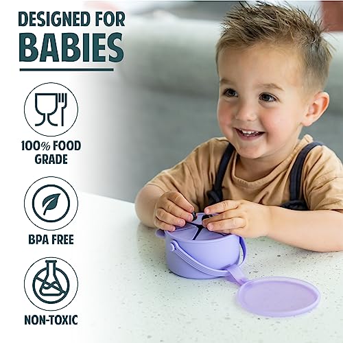 Silicone No Spill Snack Cups for Toddlers – Portable Baby Snack Cup Containers with Dustproof Lid – Dishwasher-Friendly Toddler Spill Proof Cups Without BPA, Lead, or Phthalates – Pink and Lilac