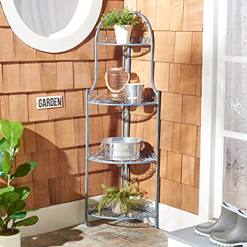 SAFAVIEH PAT5013C Outdoor Collection Abarrane Antique Blue Wrought Iron 4-Tier Corner Shelf