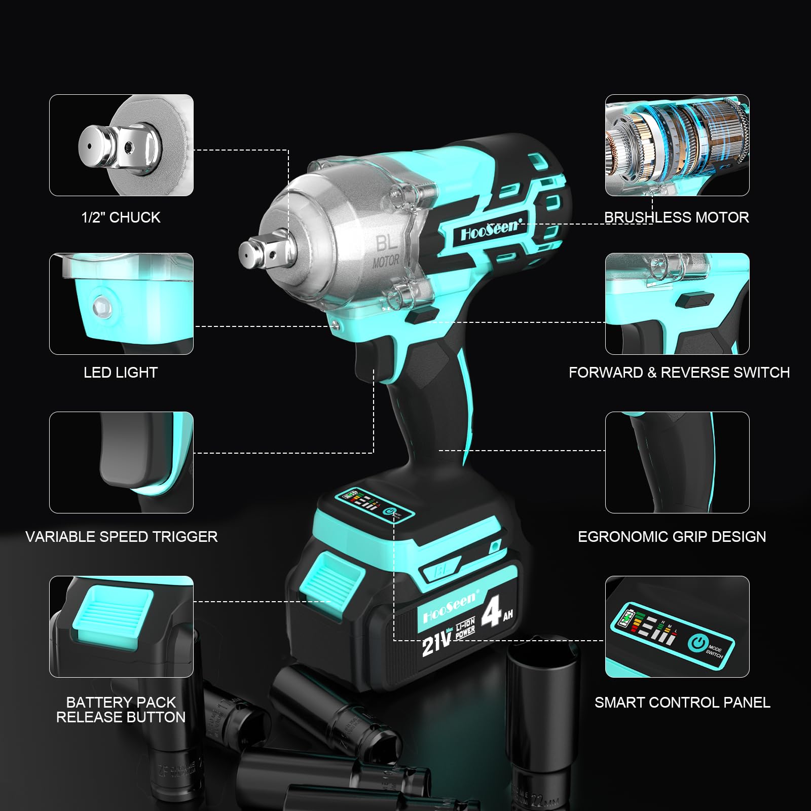 HooSeen Power Cordless Impact Wrench - 1/2 inch 21V Brushless Impact Gun Max Torque 445 Ft-lbs (600N.m), Electric Impact Wrenches with 4.0Ah Li-ion Battery & Fast Charger (Light Blue)