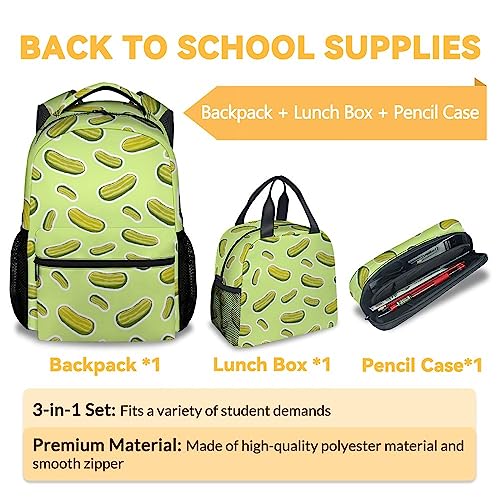Mercuryelf Pickles Girls Boys Backpack with Lunch Box Set, 3 in 1 School Travel Backpacks Matching Combo, Aesthetic Green Bookbag and Pencil Case Bundle