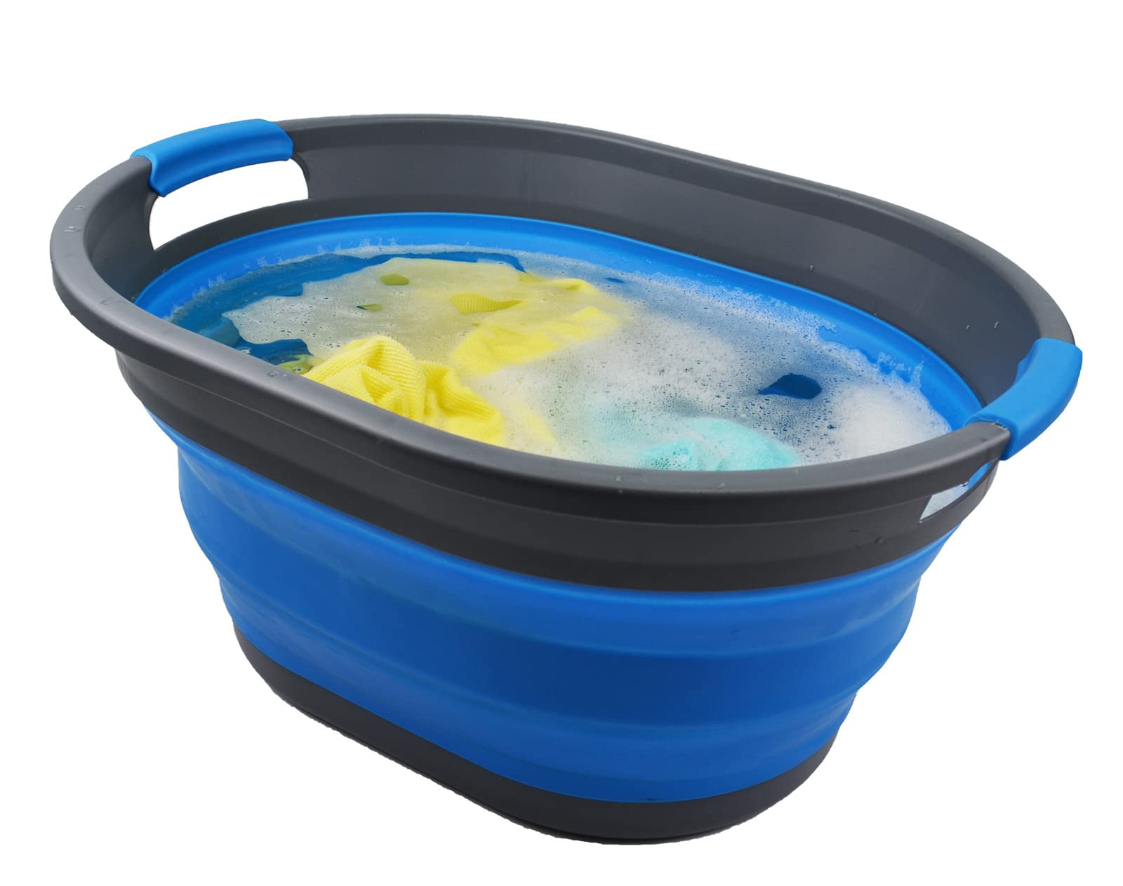 SAMMART 32L (8.4 Gallon) Collapsible Plastic Laundry Basket - Foldable Pop Up Storage Container/Organizer - Portable Washing Tub - Space Saving Hamper/Basket, Water Capacity: 24L (1, Grey/Blue)