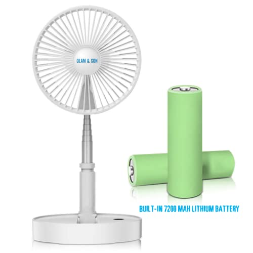 Olam & Son Portable Folding Backup Fan Foldable Height Adjustable Tripod 7200mAh Mini USB Rechargeable Operated Fan For Office Home, white, ZK-20321