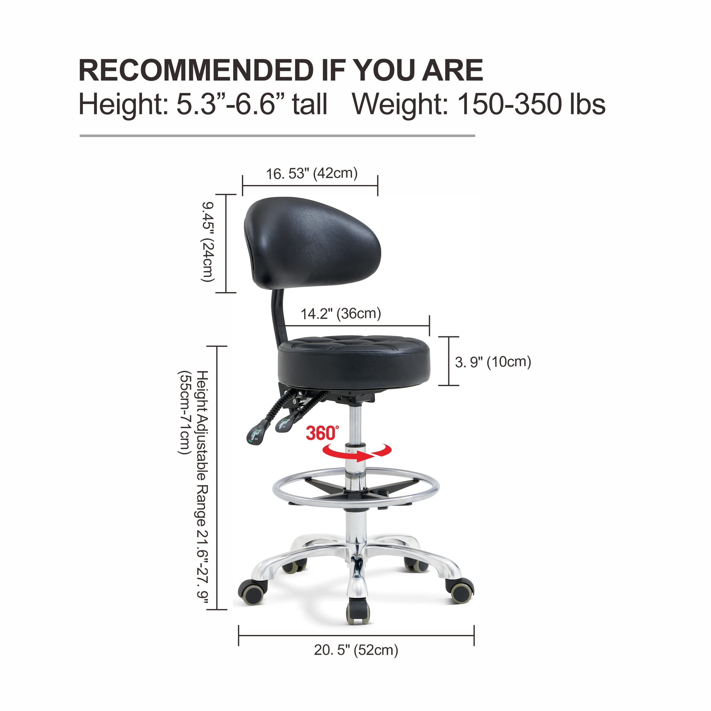 Grace & Grace Height Adjustable Rolling Swivel Tall Stool Chair with Back Support,Heavy Duty Stool with Wheels for Salon,Massage, Factory, Shop,Work (Black,with Back Support)