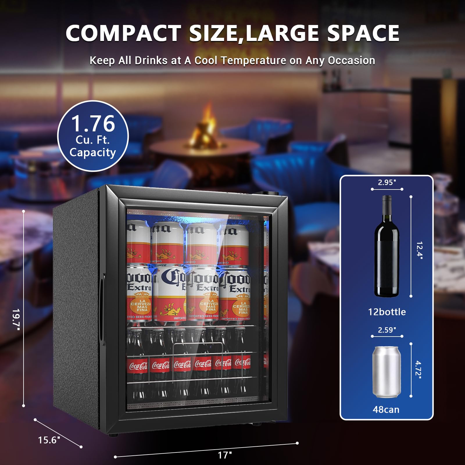 JANREAY Beverage Cooler Refrigerator 1.76 Cu.Ft. 48 Can Capacity with Adjustable Temperature Control and LED Lighting, Stainless Steel for Bedroom, Office, Dorm, Apartment Black