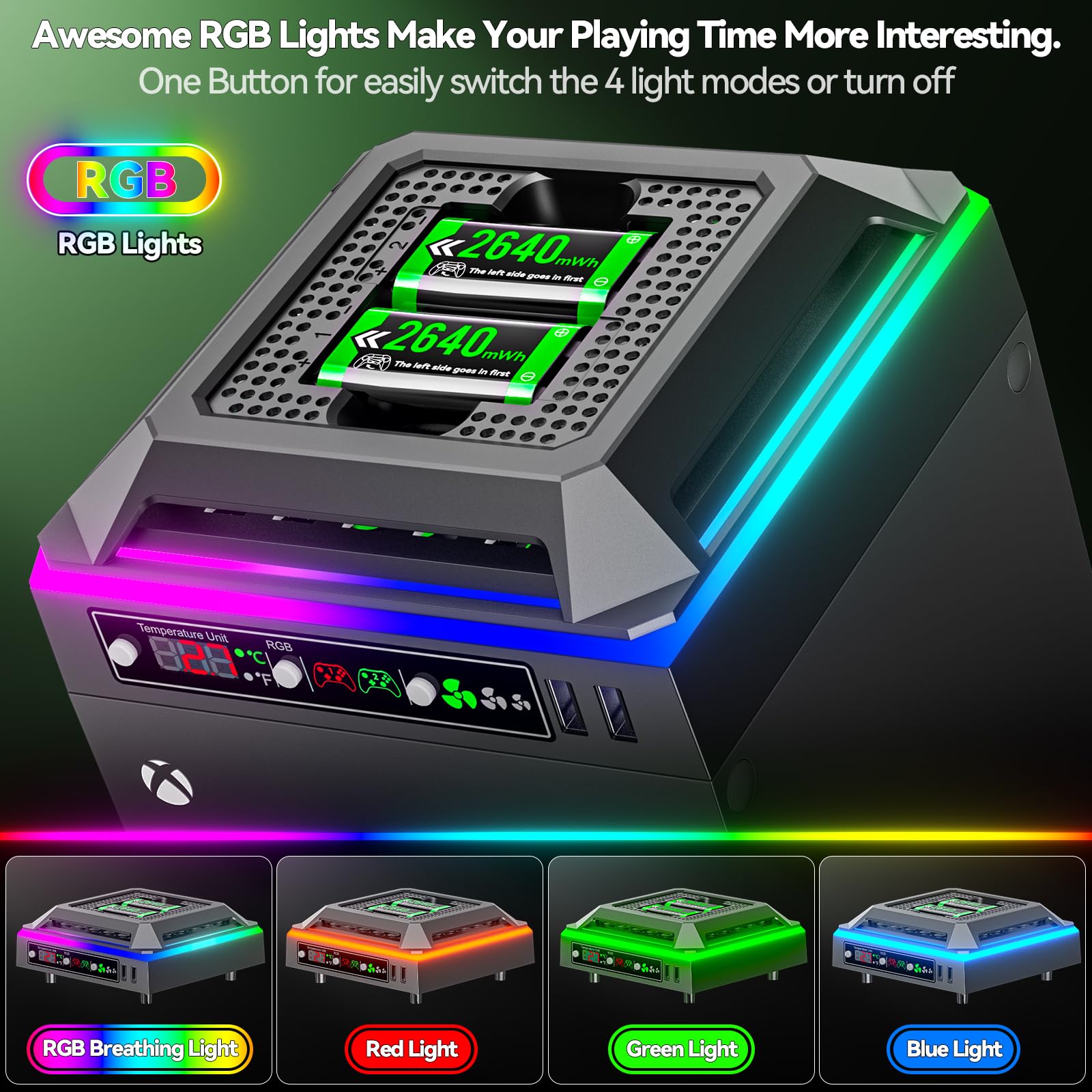 Cooling Fan for Xbox Series X Console with RGB Light, Charger Station with 2 x 2640 mWh Rechargeable Battery Packs for Xbox Series/One-X/S/Elite Controller, Xbox Series X Fan with 3 Gear, TEMP Display
