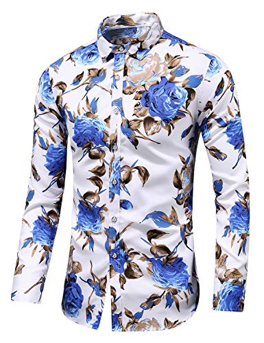 Men's Slim fit Printed Long-Sleeve Button-Down Dress Floral Shirt (Large Chest: 45.7 inch, White Blue)