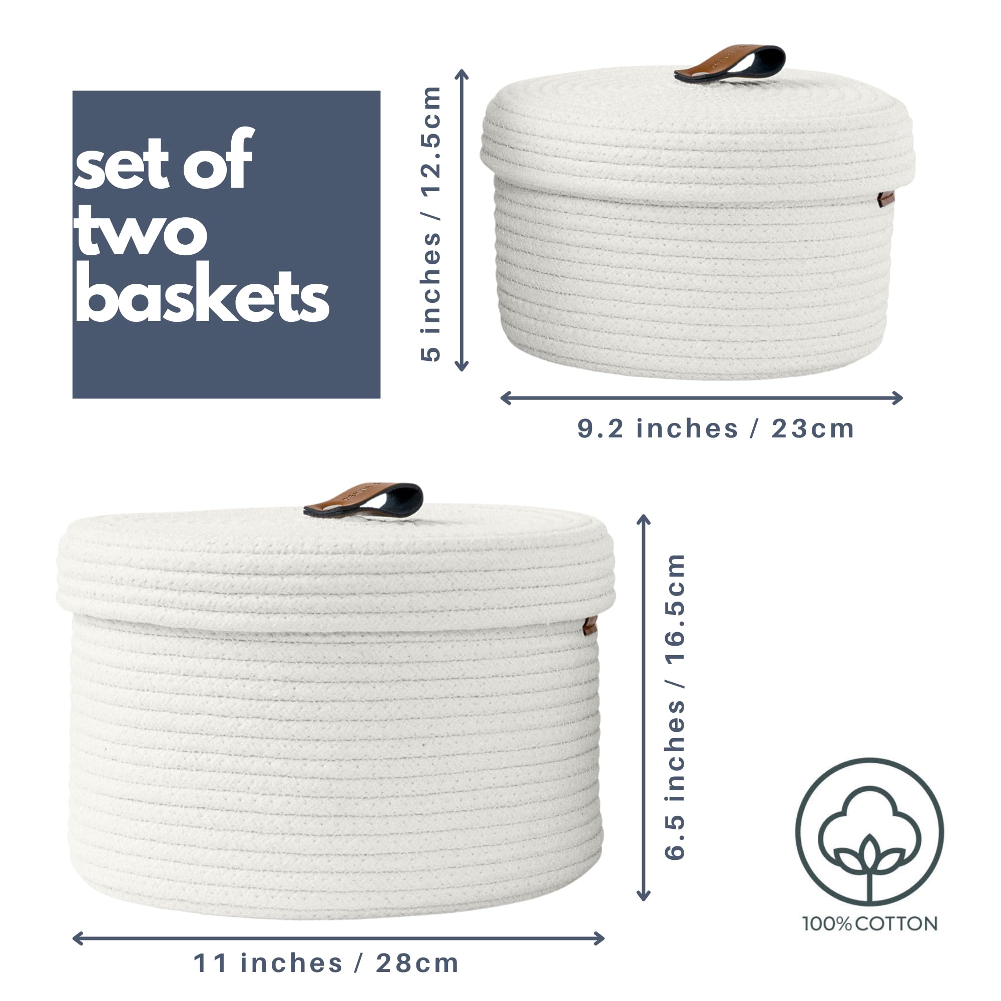 DENJA & CO Decorative Storage Basket Organizer Set of 3 and Round Baskets with Lids Set of 2 (Ivory White)
