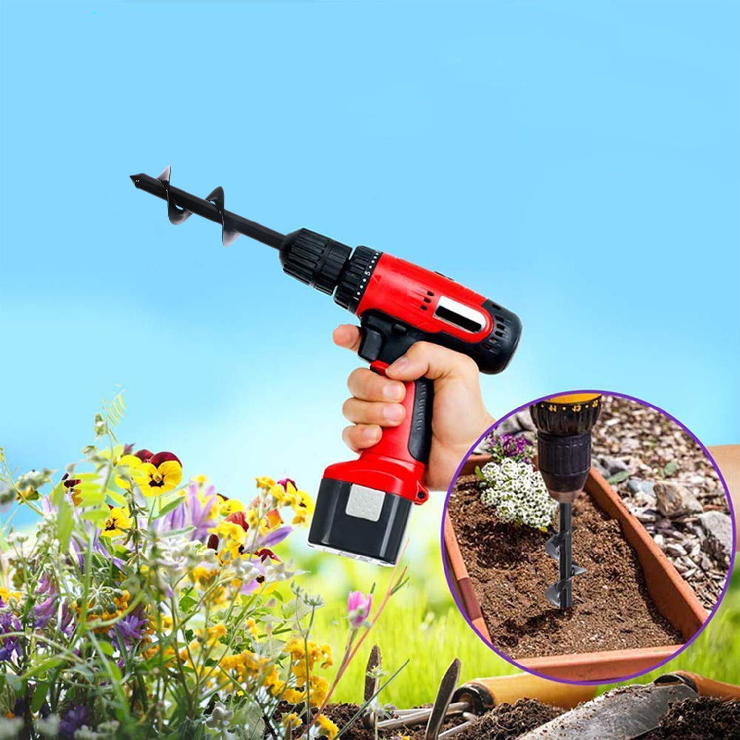 Harapu Auger Drill Bit, Non-Slip -3" x 12" Garden Plant Flower Bulb HEX Shaft Auger Earth Auger Bit, Post or Umbrella Hole Digger for 3/8" Hex Drive Drill Black