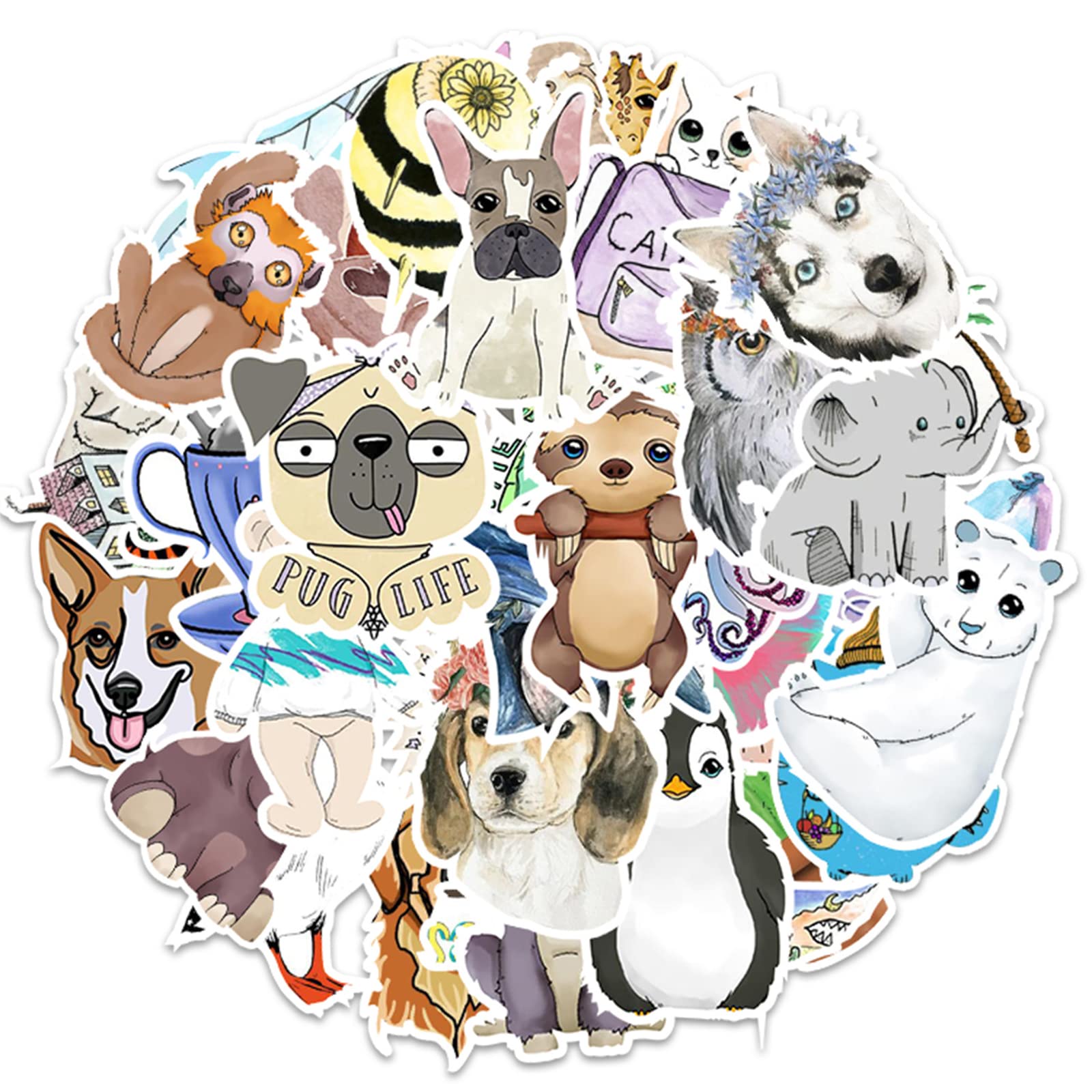 FUYIOCN 50 Pack Cute Animal Stickers for Water Bottle Notebook Camping, Animal Stickers Theme Non-Repeating Vinyl Holiday Party Stickers