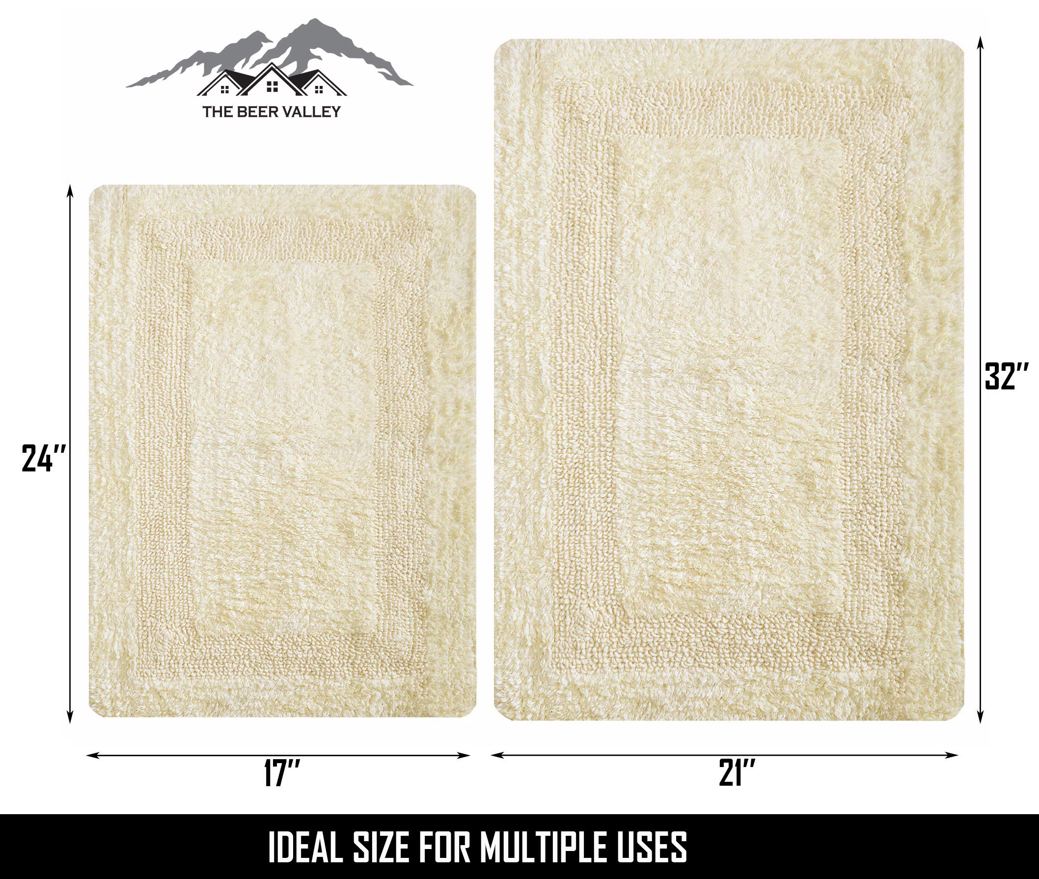Cotton Bath Mat Rug 2 Piece Set - Light Yellow, Reversible Bathroom Rugs Soft & Absorbent Quick Dry Mats, Washable Plush Hotel Quality Tufted Mats for Shower, Bath Tub, Toilet - 21x34 & 17x24 Inches