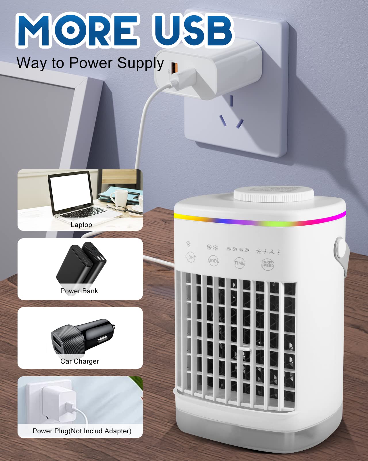 Portable Air Conditioners, 4 Speeds Evaporative Air Cooler Humidifier 600ML Waterbox Mini Air Conditioner, 2/4/6H Timer, 2 Misting Modes and LED Light, Perfect for Home Office Bedroom Camping