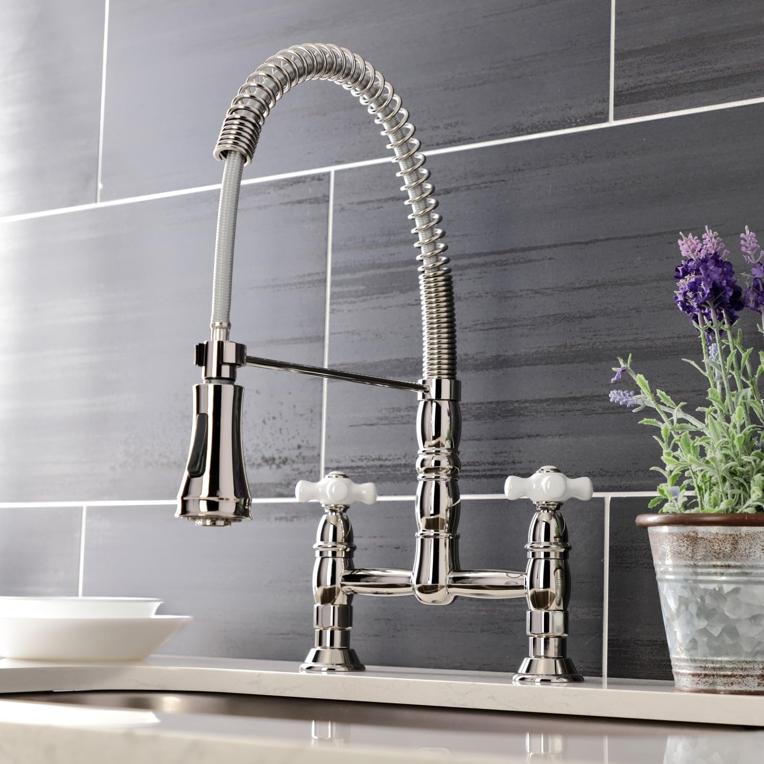 Kingston Brass Heritage Two-Handle Deck-Mount Pull-Down Sprayer Kitchen Faucet Polished Chrome Polished